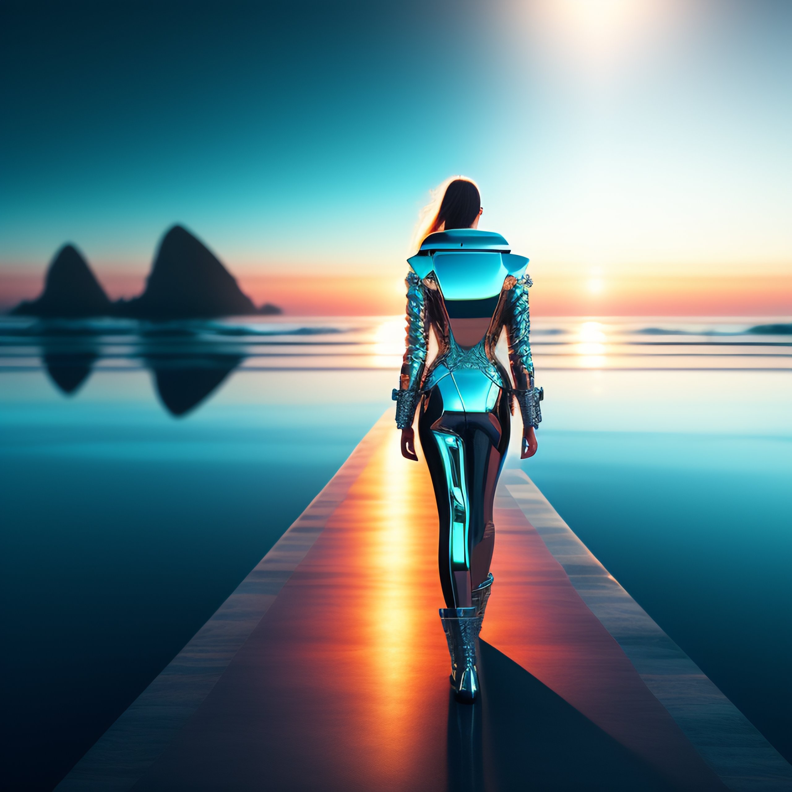 Lexica - Cyber girl wearing chrome, shining reflections, walking on the ...