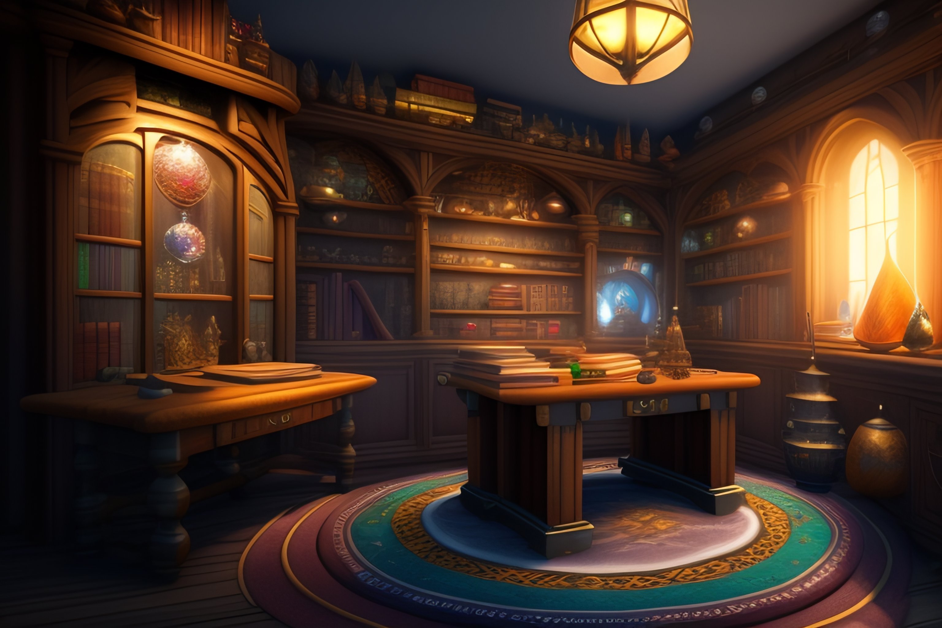 Lexica - Panoramic view of wizars's room with fantasy wizard's work ...
