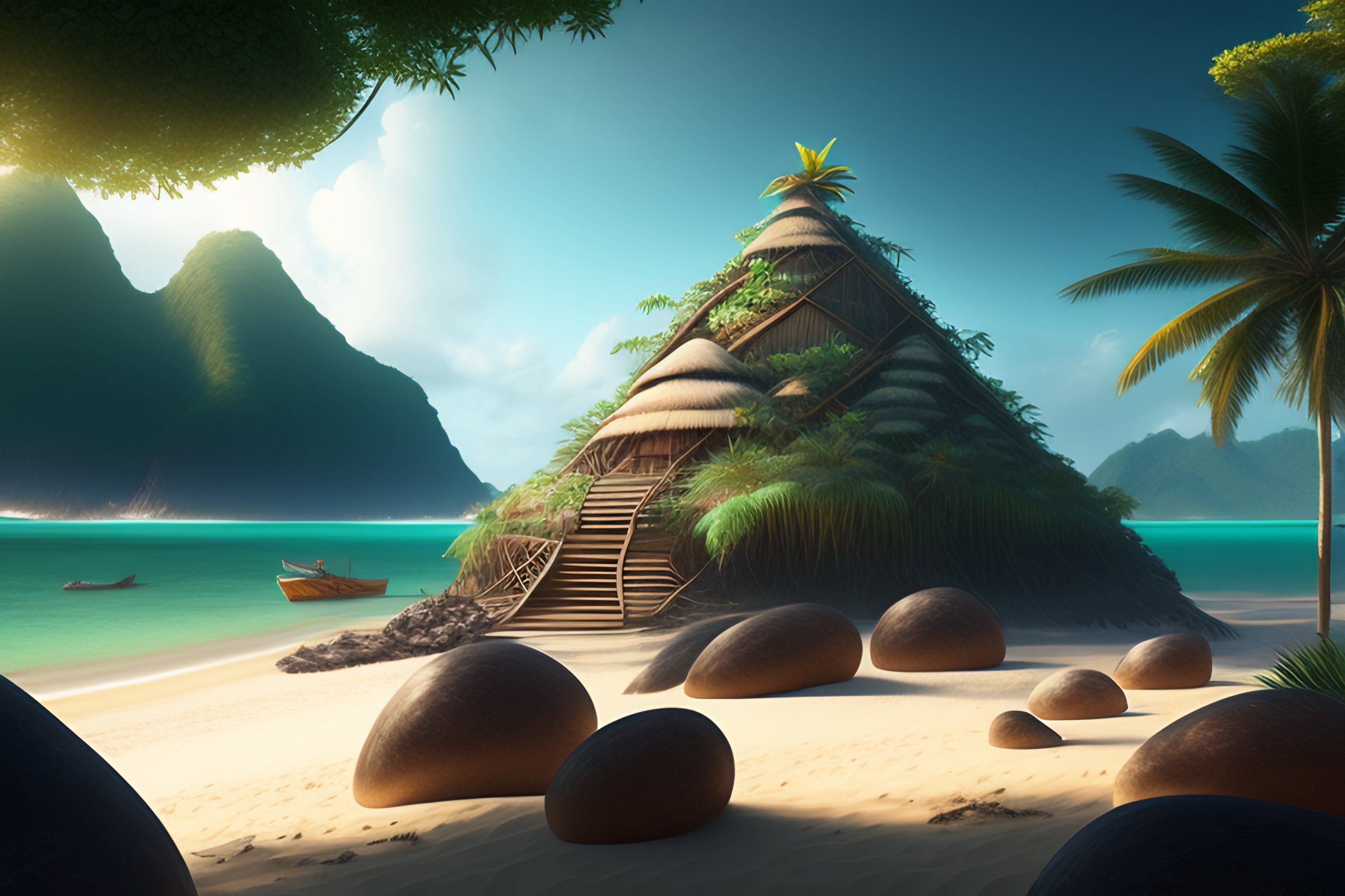 Lexica - Giant elven amerindian hut bamboo on tropical island beach ...