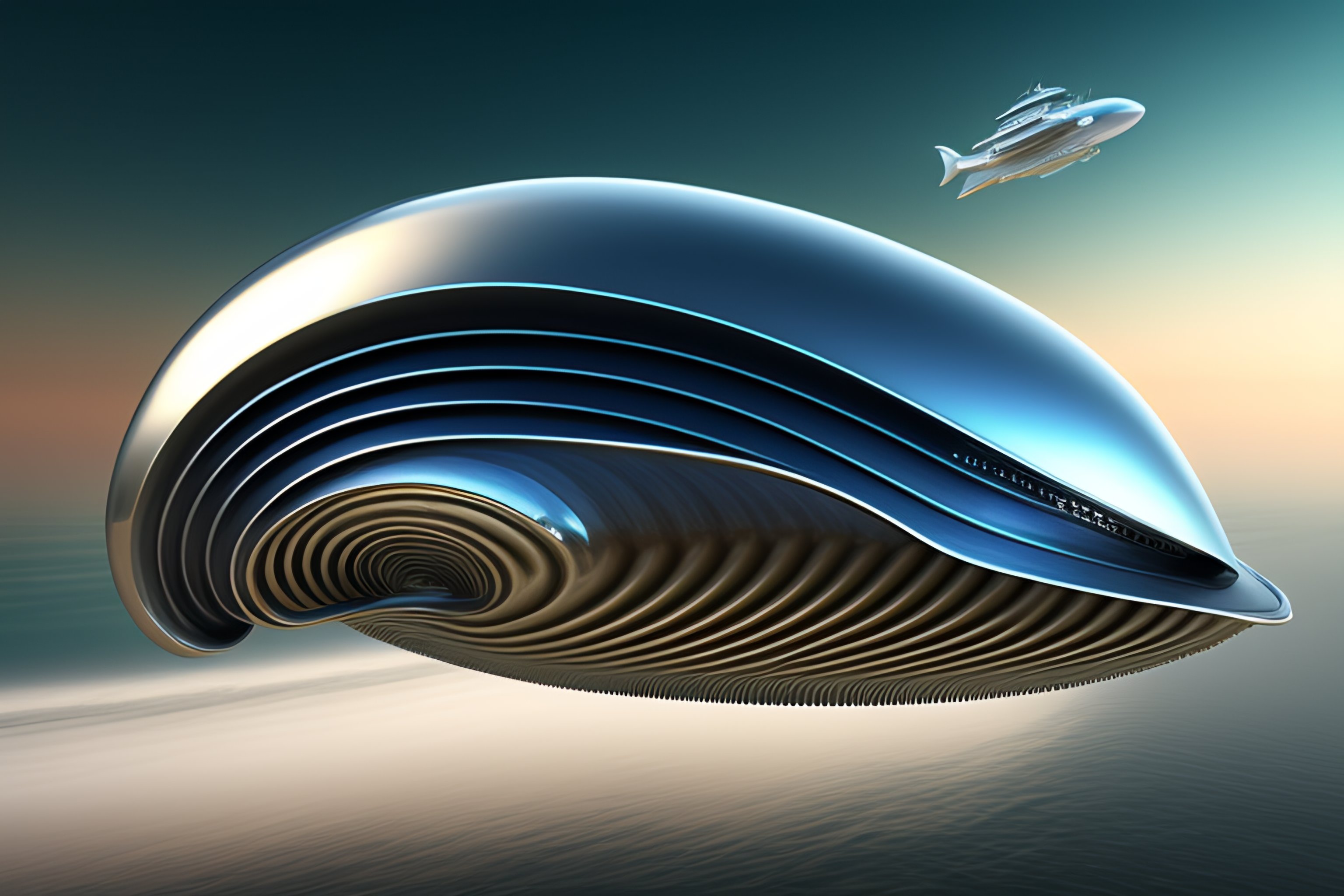 Lexica - Silver nautilus sea shell spaceship, flying, realistic