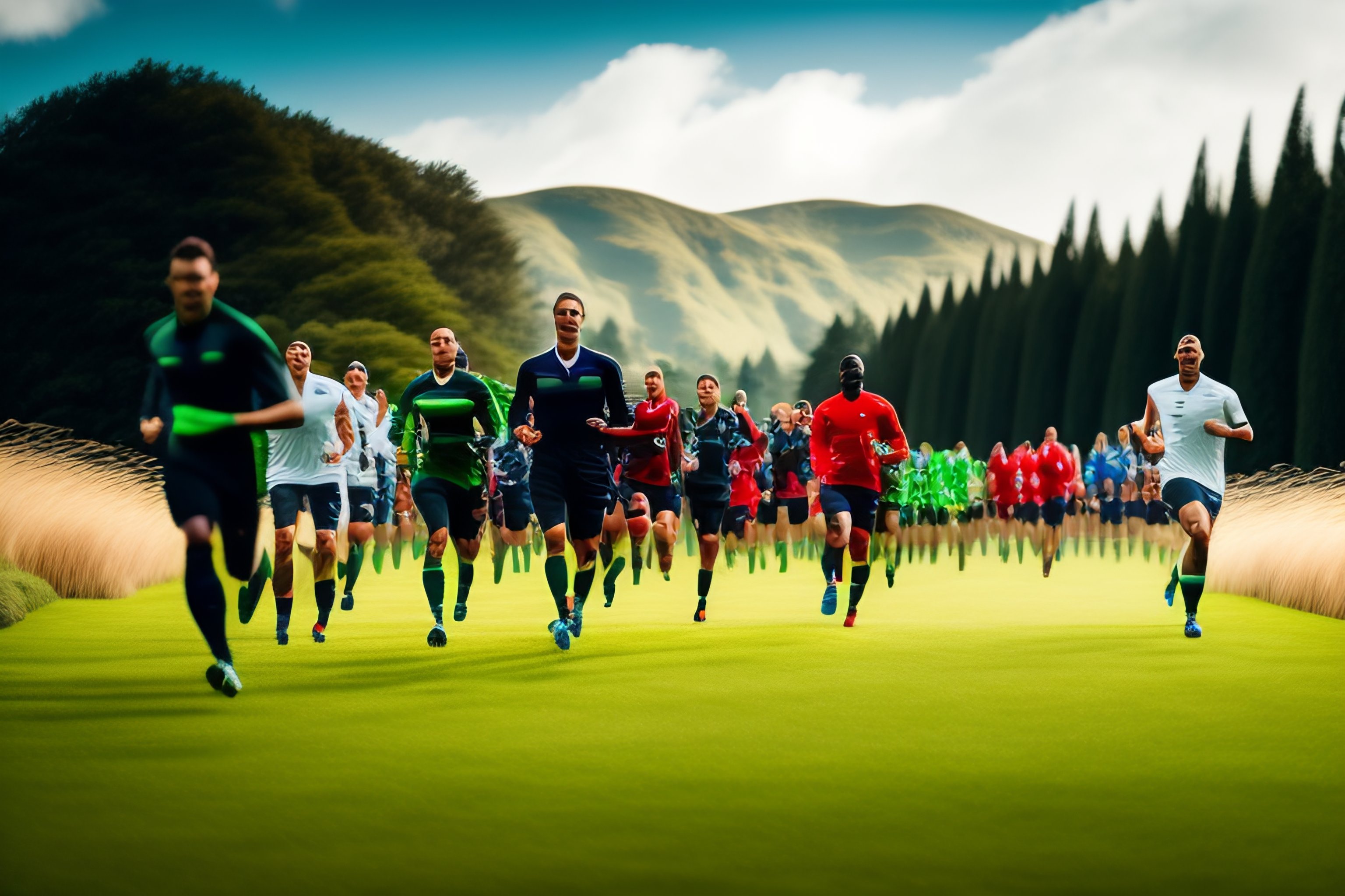 Lexica - Background full of men and women chasing, front view, green ...