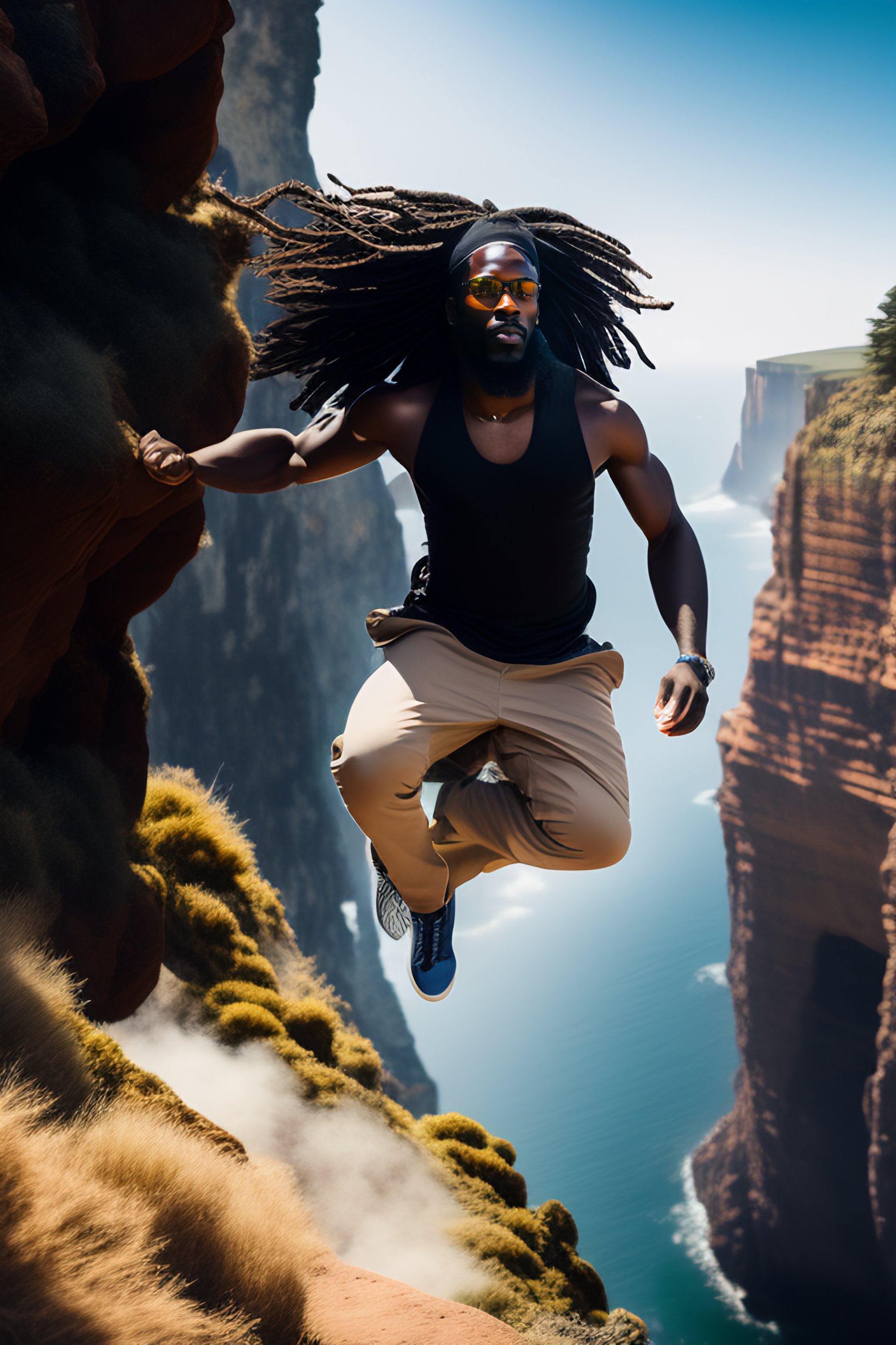 Lexica - BLACK MAN WITH DREADLOCKS FALLING OF A CLIFF SURROUNDED BY DJEMBES