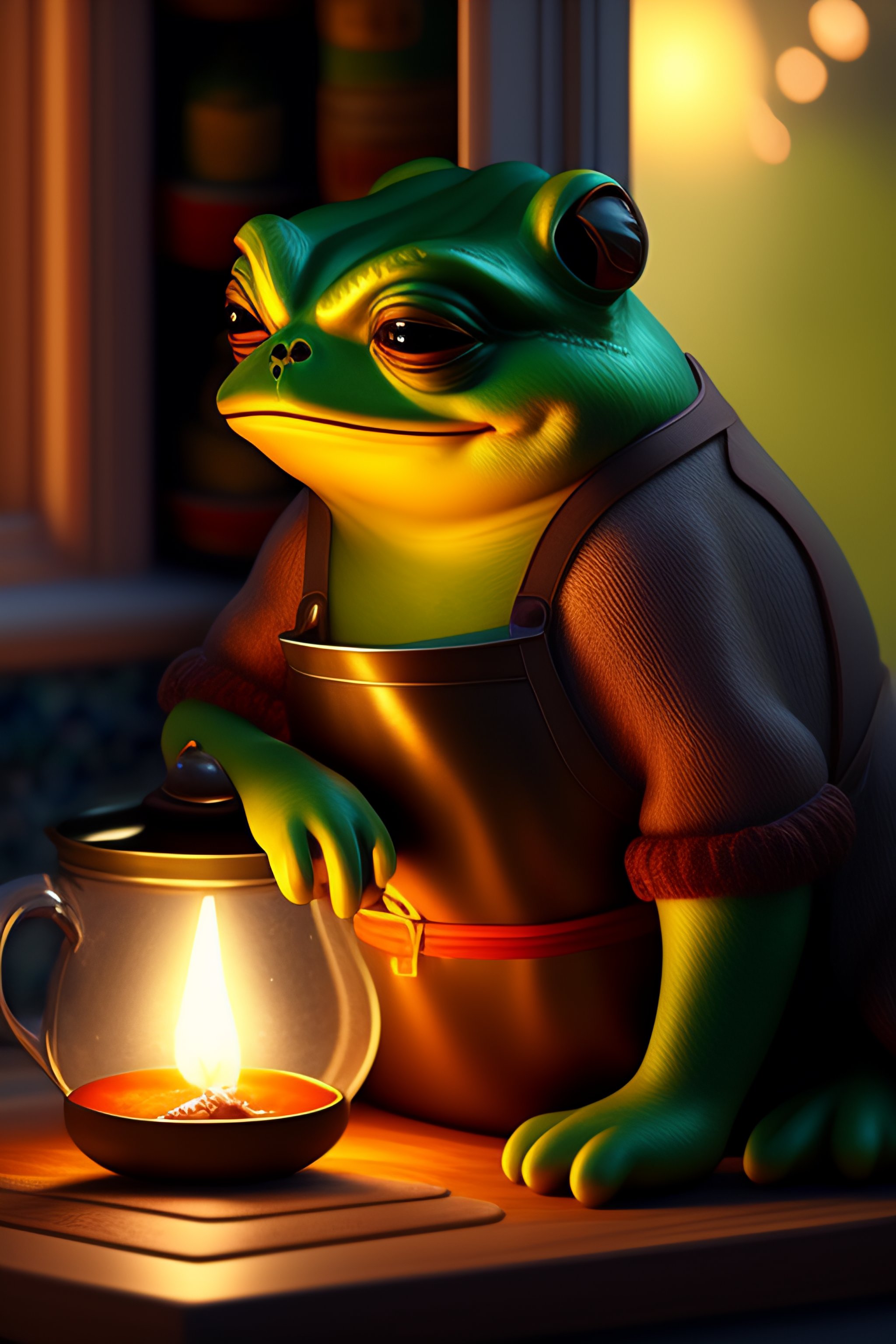 Lexica - An exhausted pepe the frog cooking dinner with an apron on ...