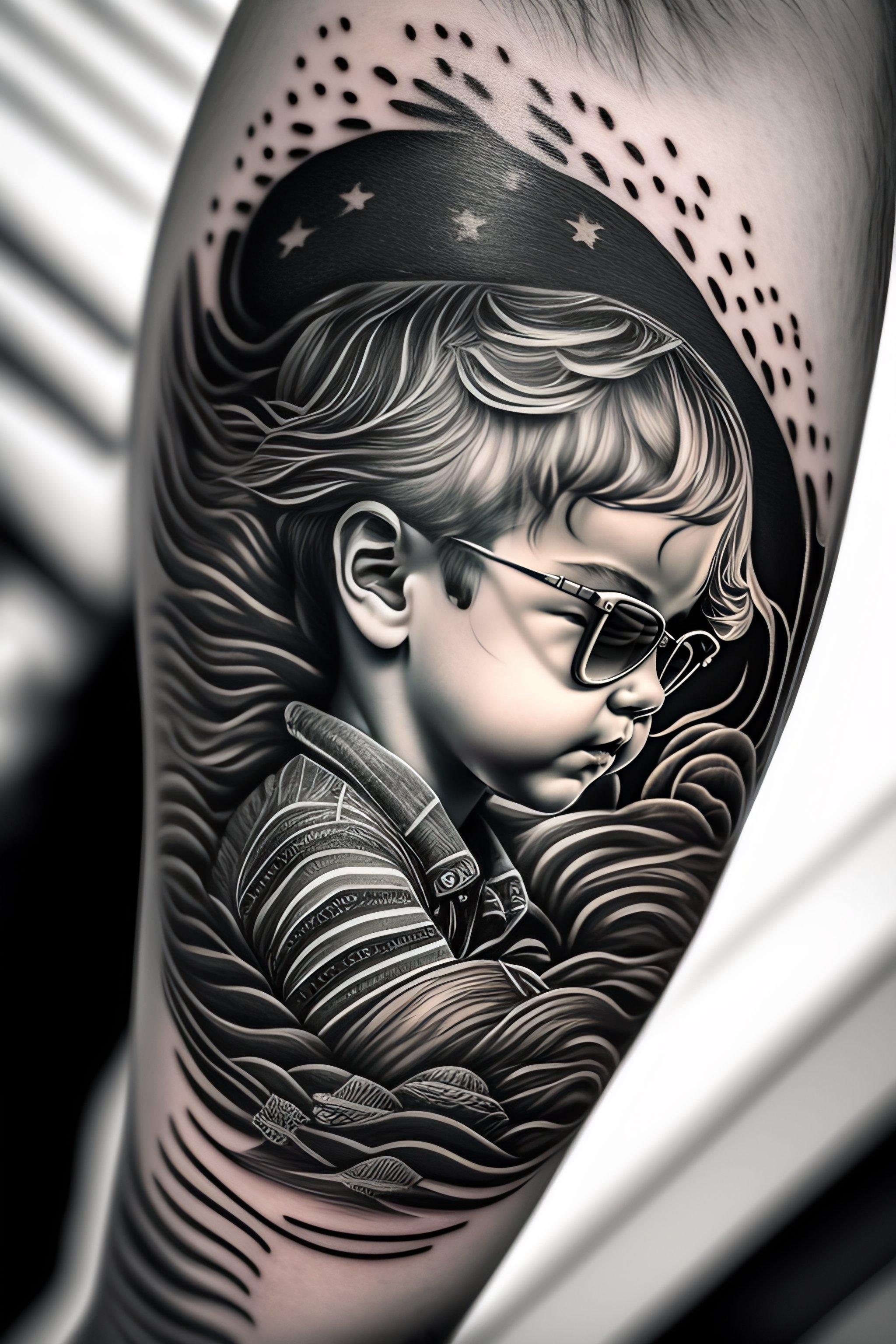 Lexica - A monochrome line drawing tattoo of a boy with sunglasses ...