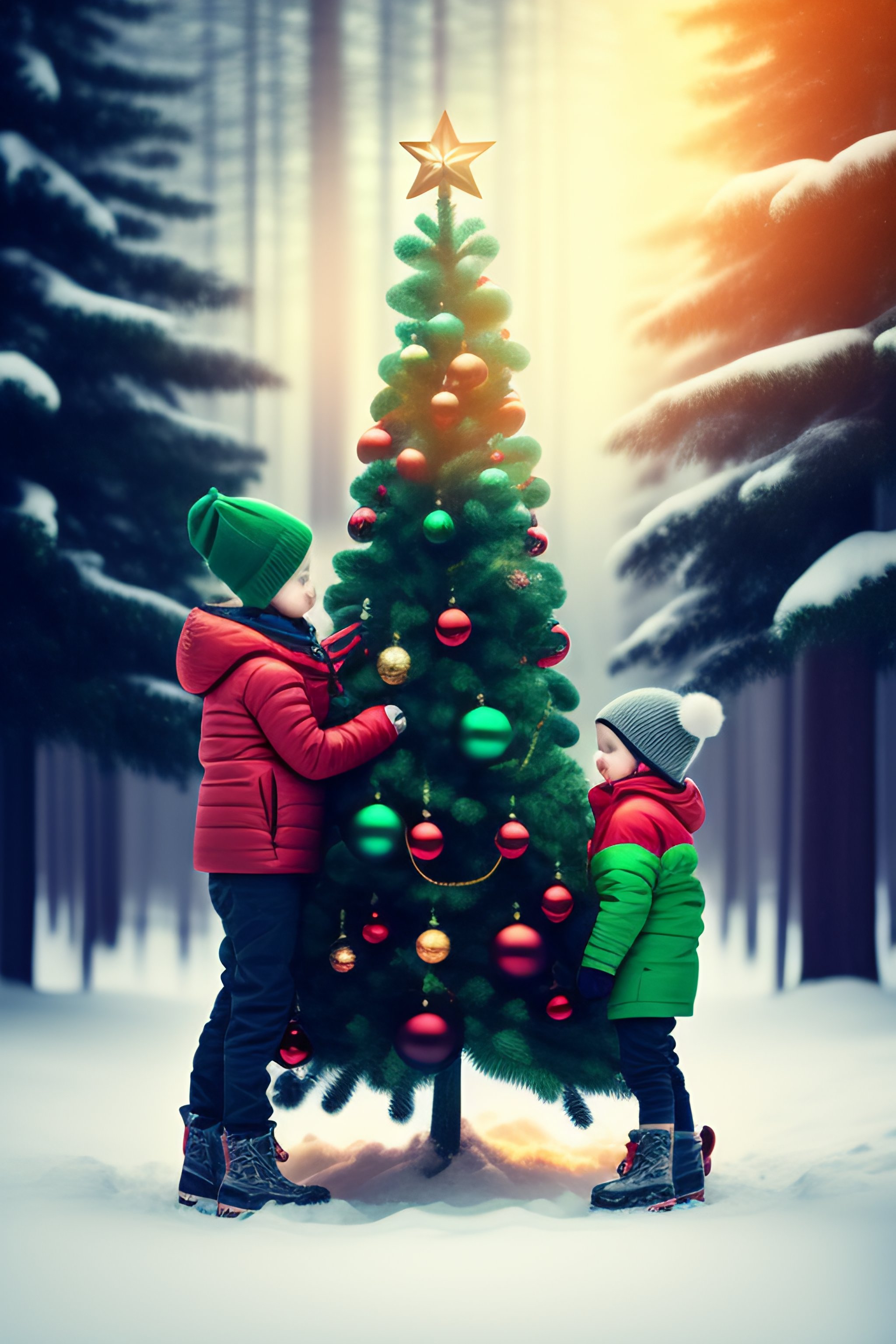 Lexica - Christmas tree in forest with children playing joyful