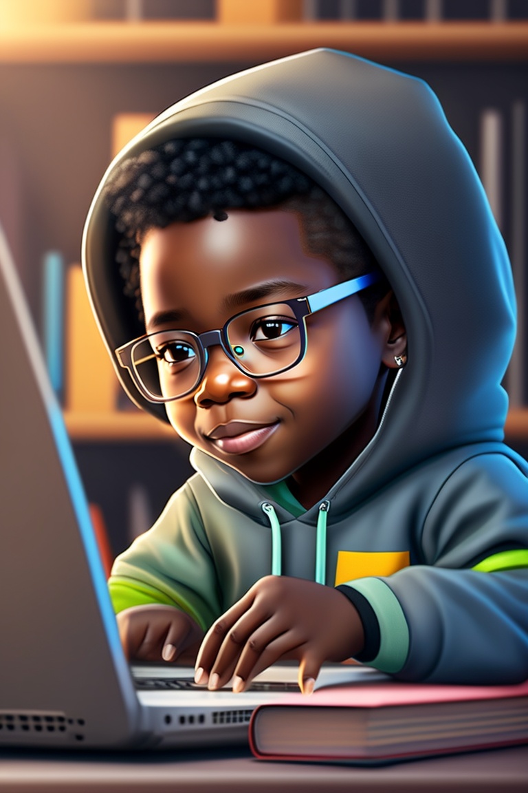 Lexica - Cute african boy, working on a laptop, wearing glasses, hoodie ...
