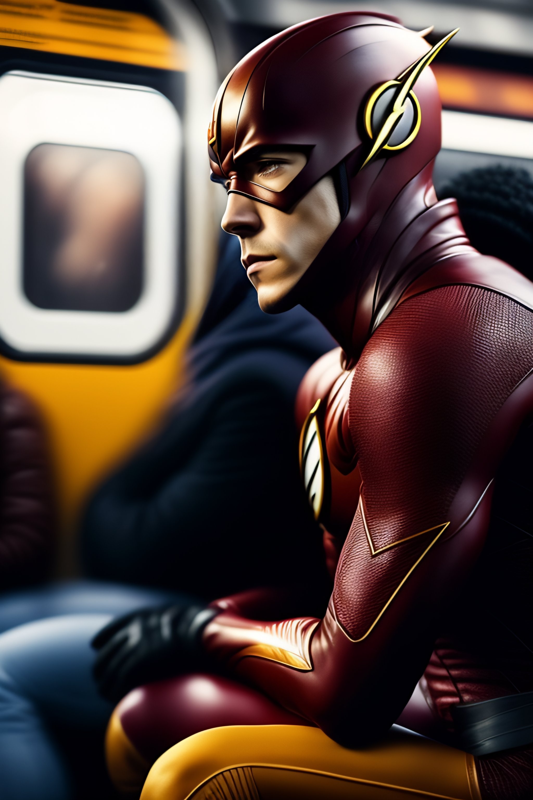 Lexica - The Flash character sitting on the subway, realistic, cinematic