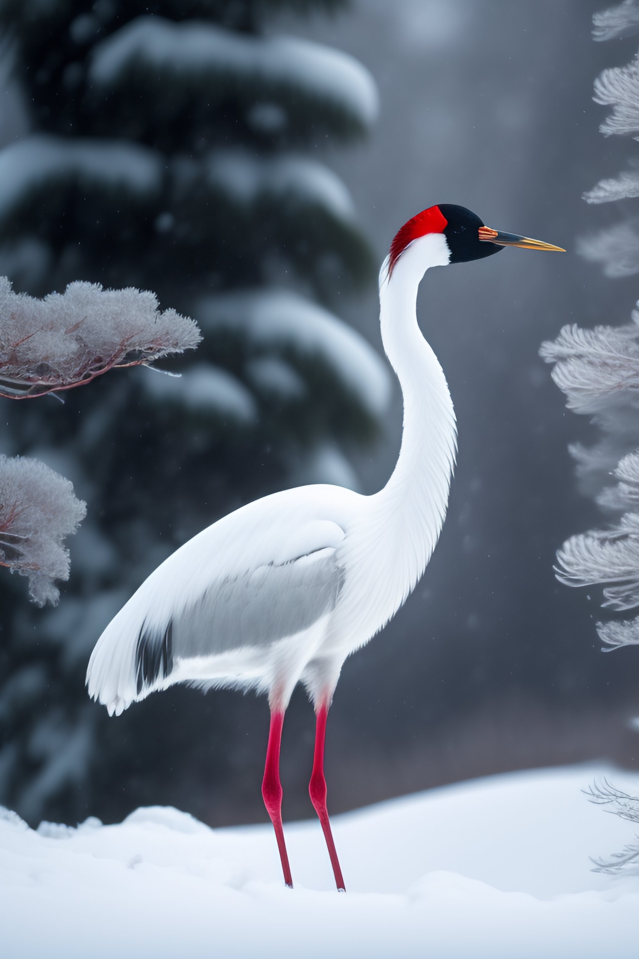 Lexica - Winter snow, a lonely red red-crowned crane, standing in the ...