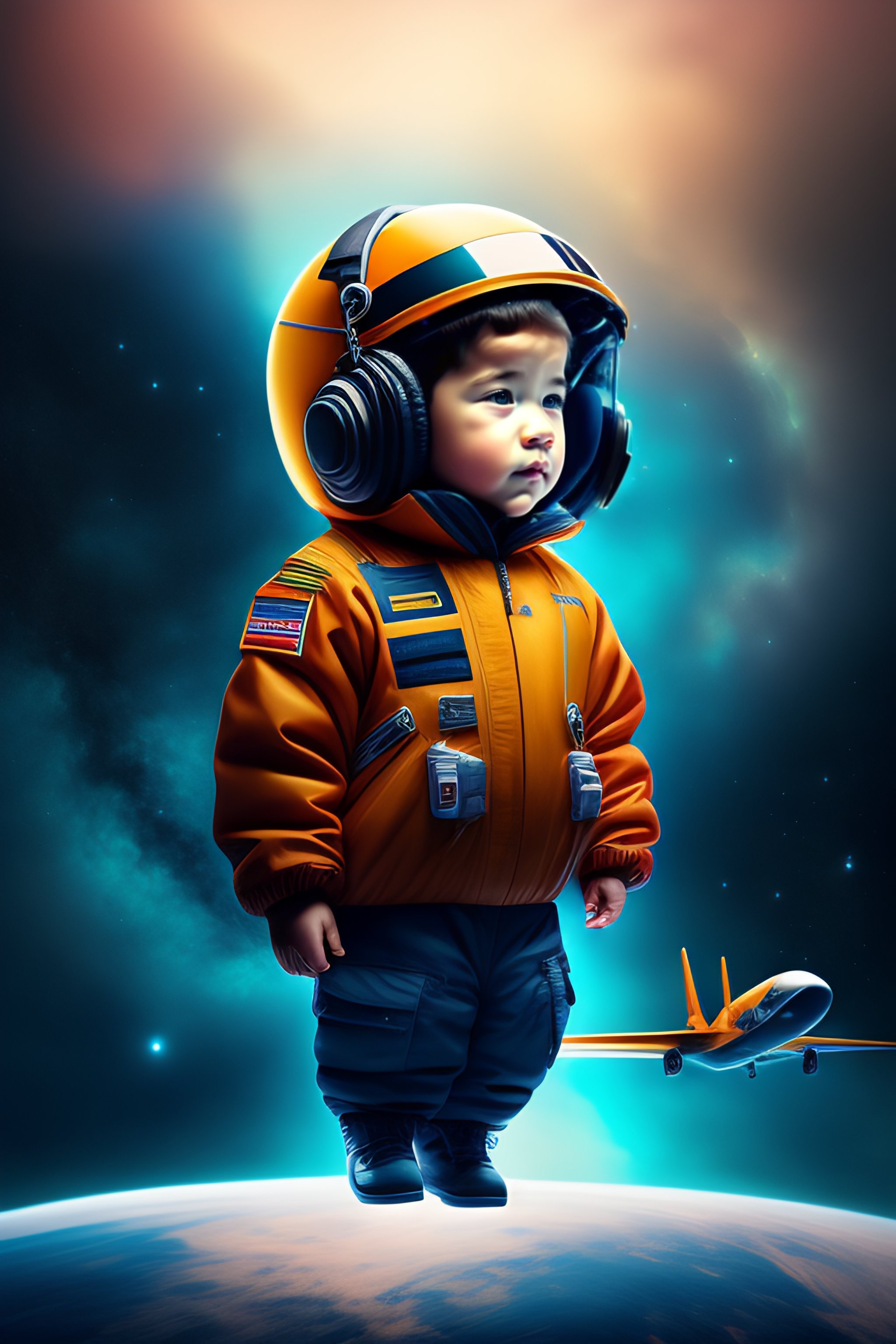 Lexica - A small boy in a pilot uniform floating in the space