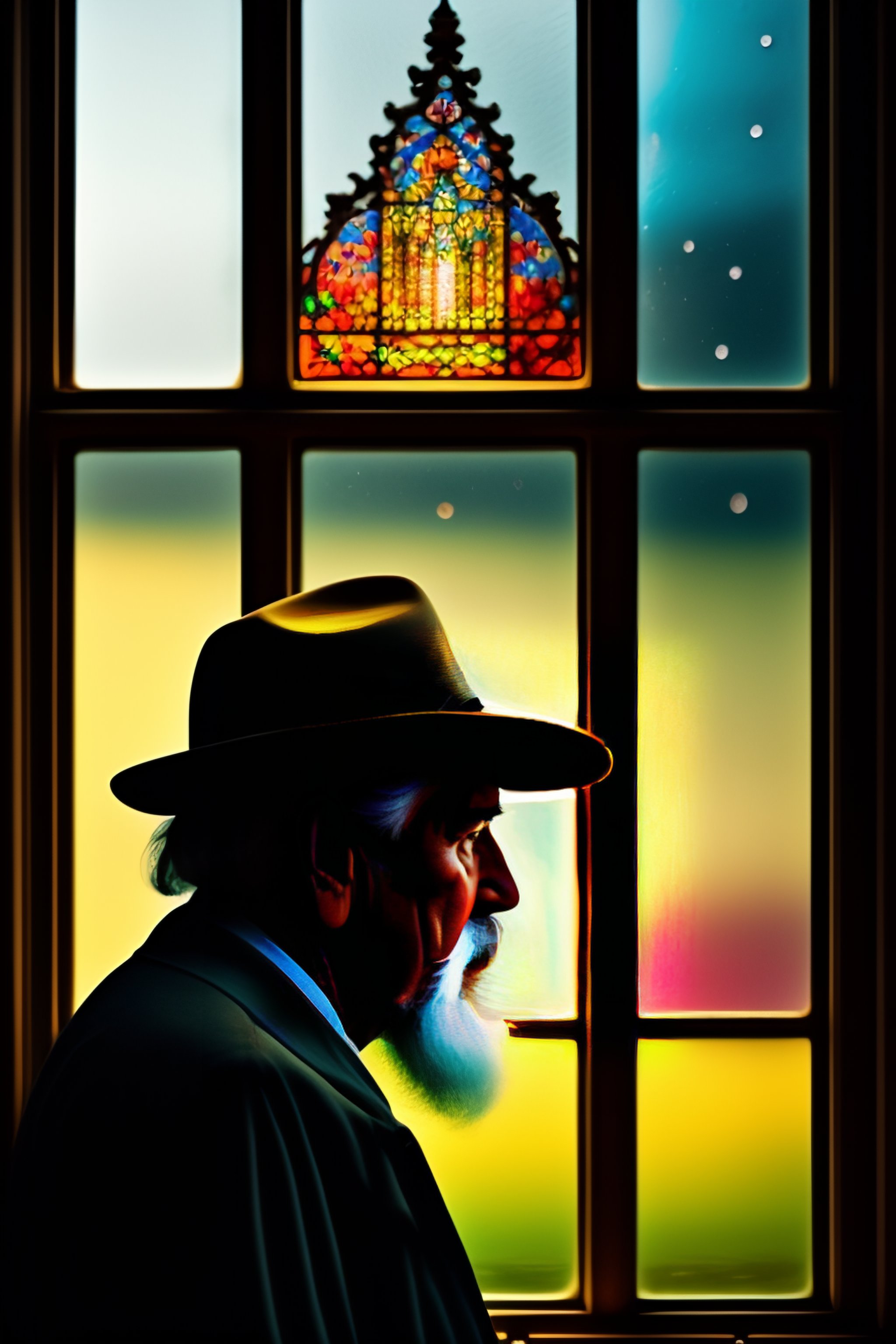 Lexica - An old man gazing out of a stained glass window