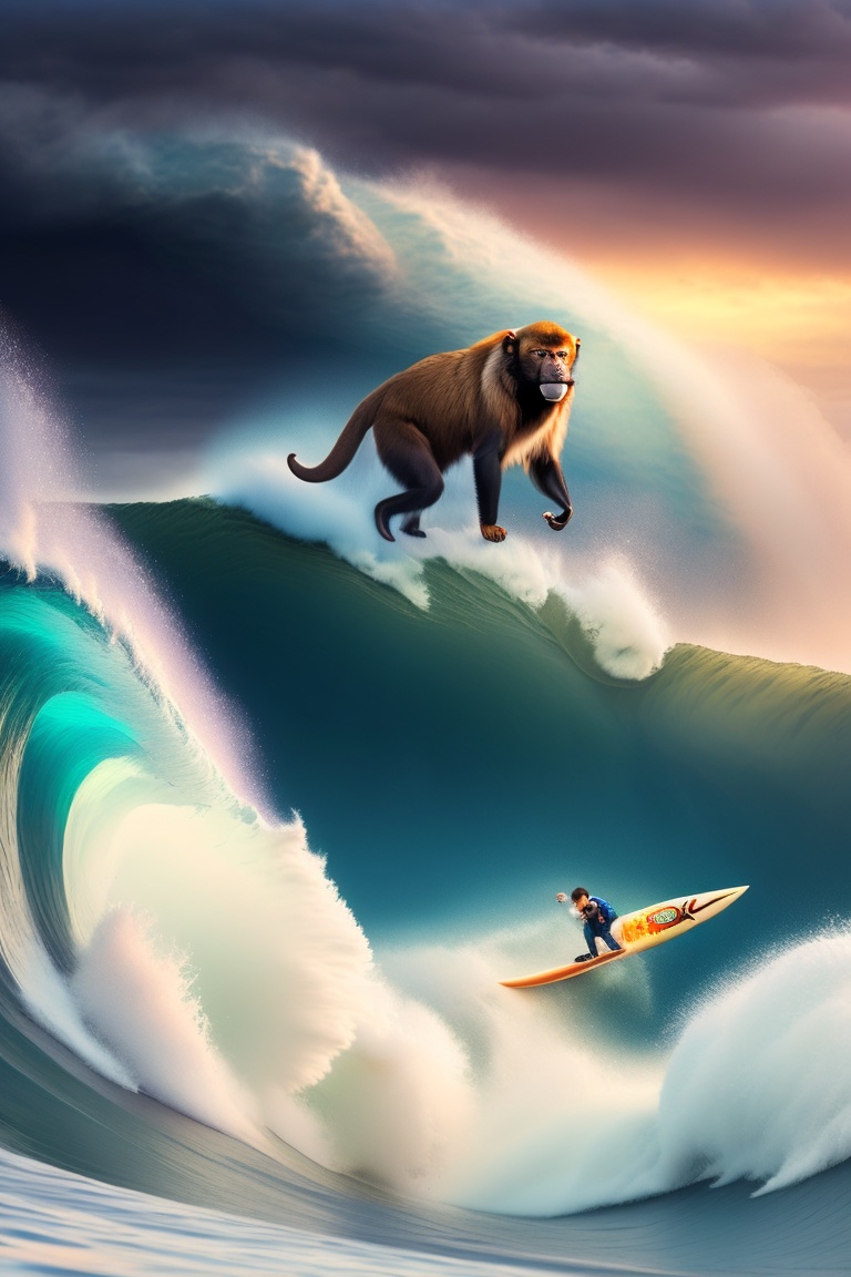 Lexica - A giant monkey surfing a giant wave, wearing a dress during a ...