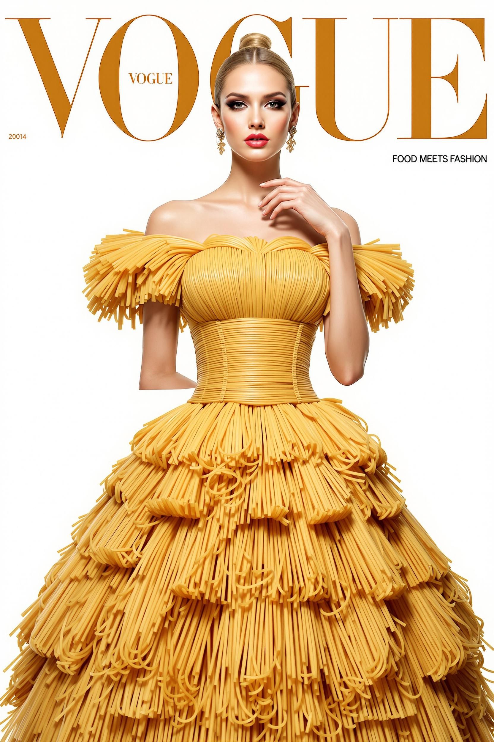 Lexica - Vogue cover shot of a woman wearing an elgant dress made of Spaghett