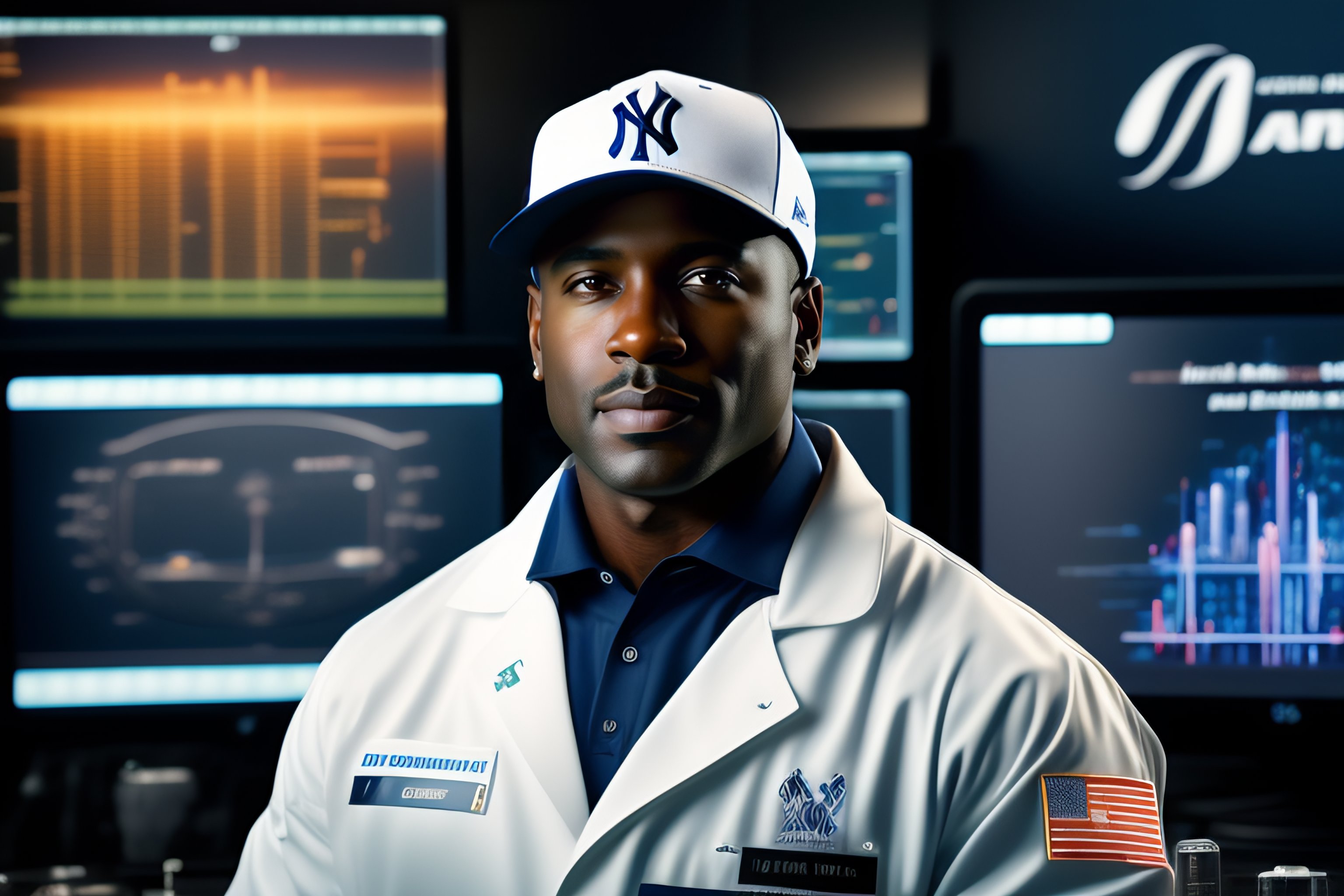 Lexica - An dark-skinned male scientist wearing a yankees fitted cap ...