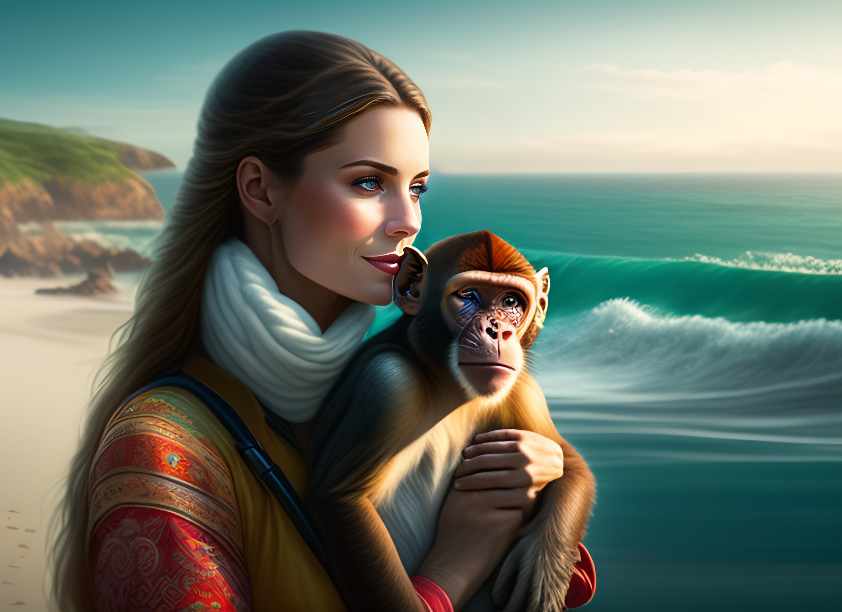 Lexica - Woman holding a monkey by the sea