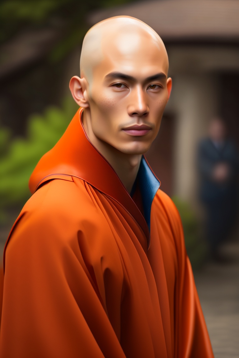 Lexica - A bald monk looking straight to camera, wearing orange dress