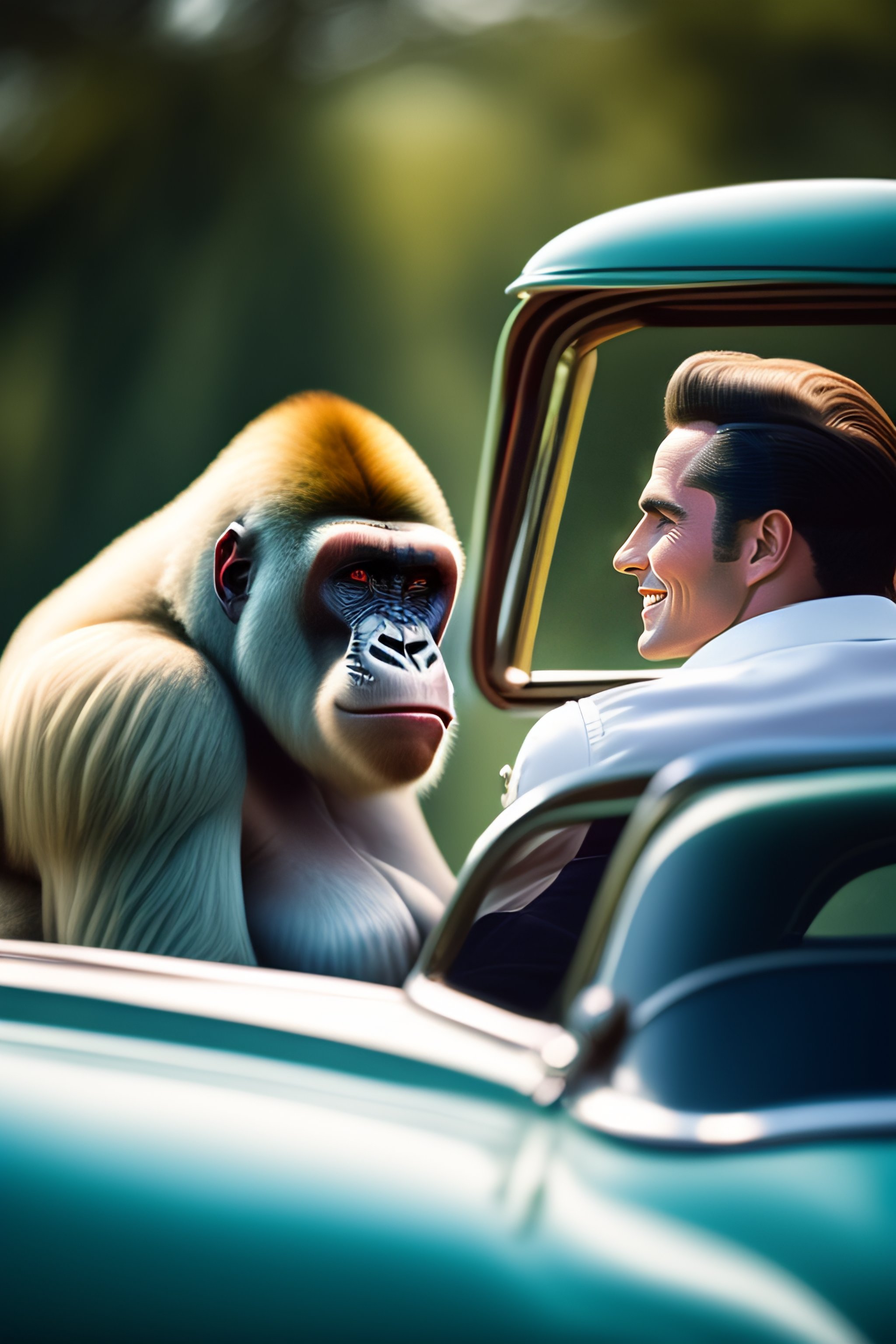 Lexica - 50s marriage with white gorilla in flying car on vacation
