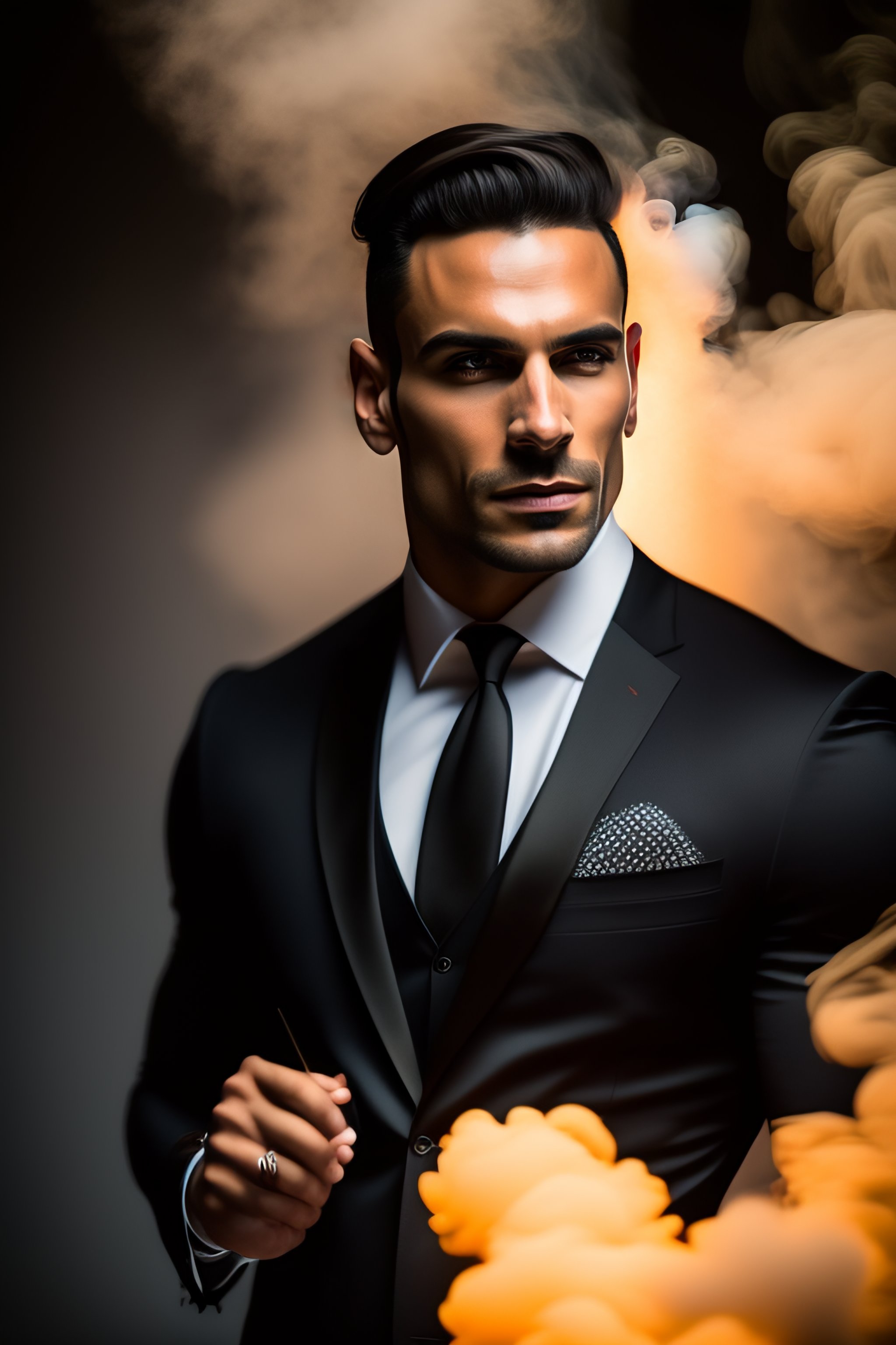 Lexica - A muscular masculine man in a black suit standing with the ...