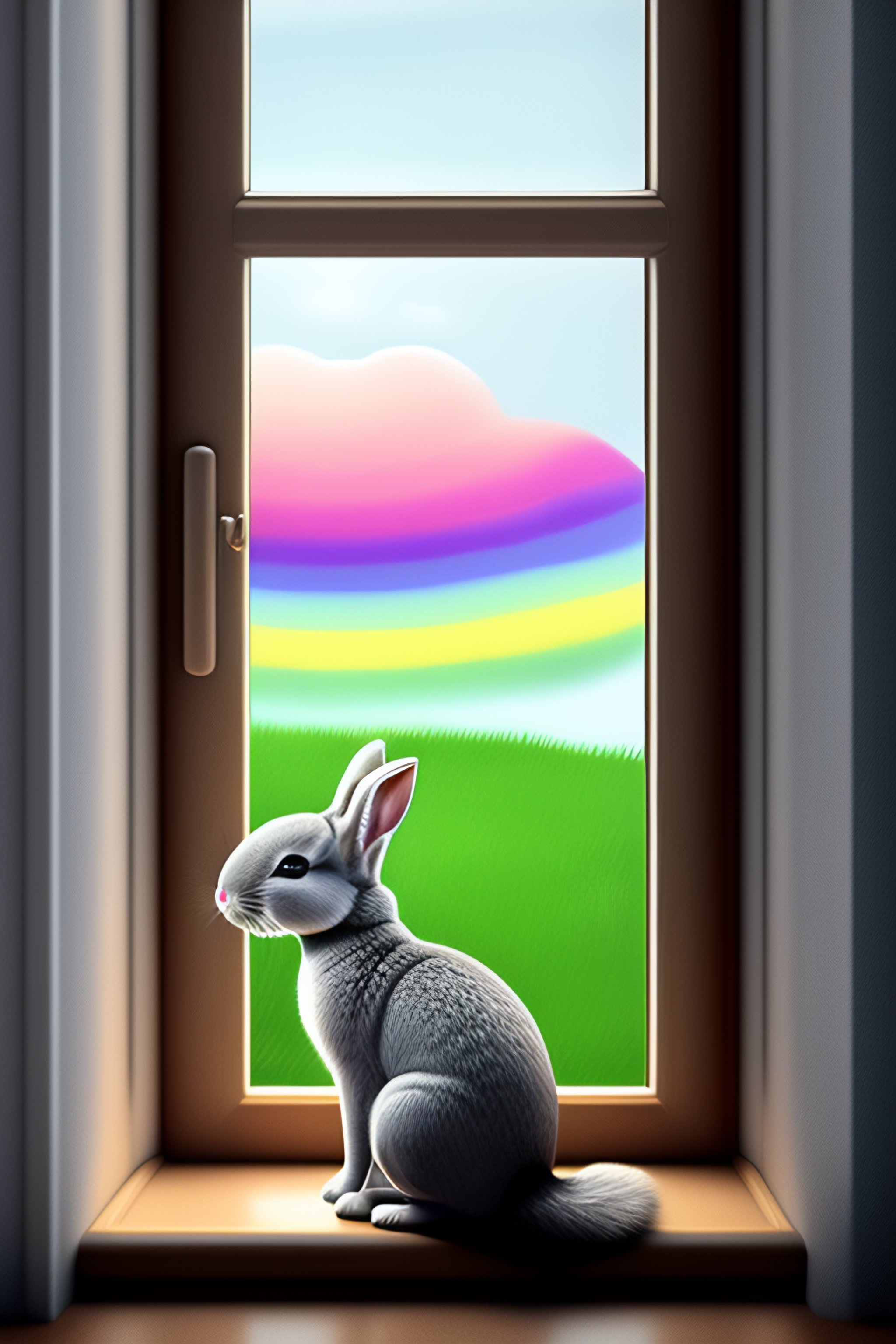 Lexica - Grey bunny looking at rainbow outside window illustration