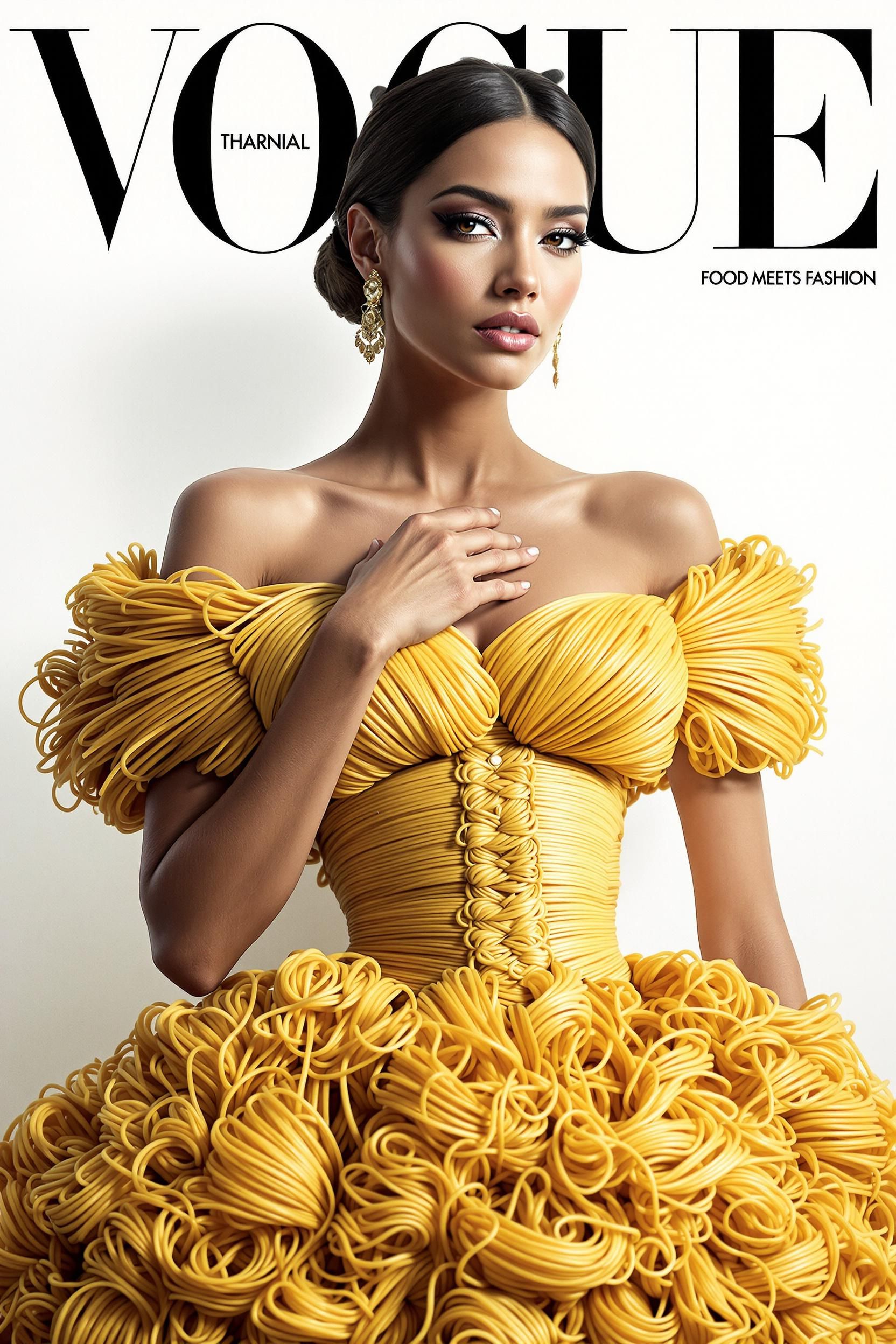 Lexica - Vogue cover shot of a woman wearing an elgant dress made of Spaghett
