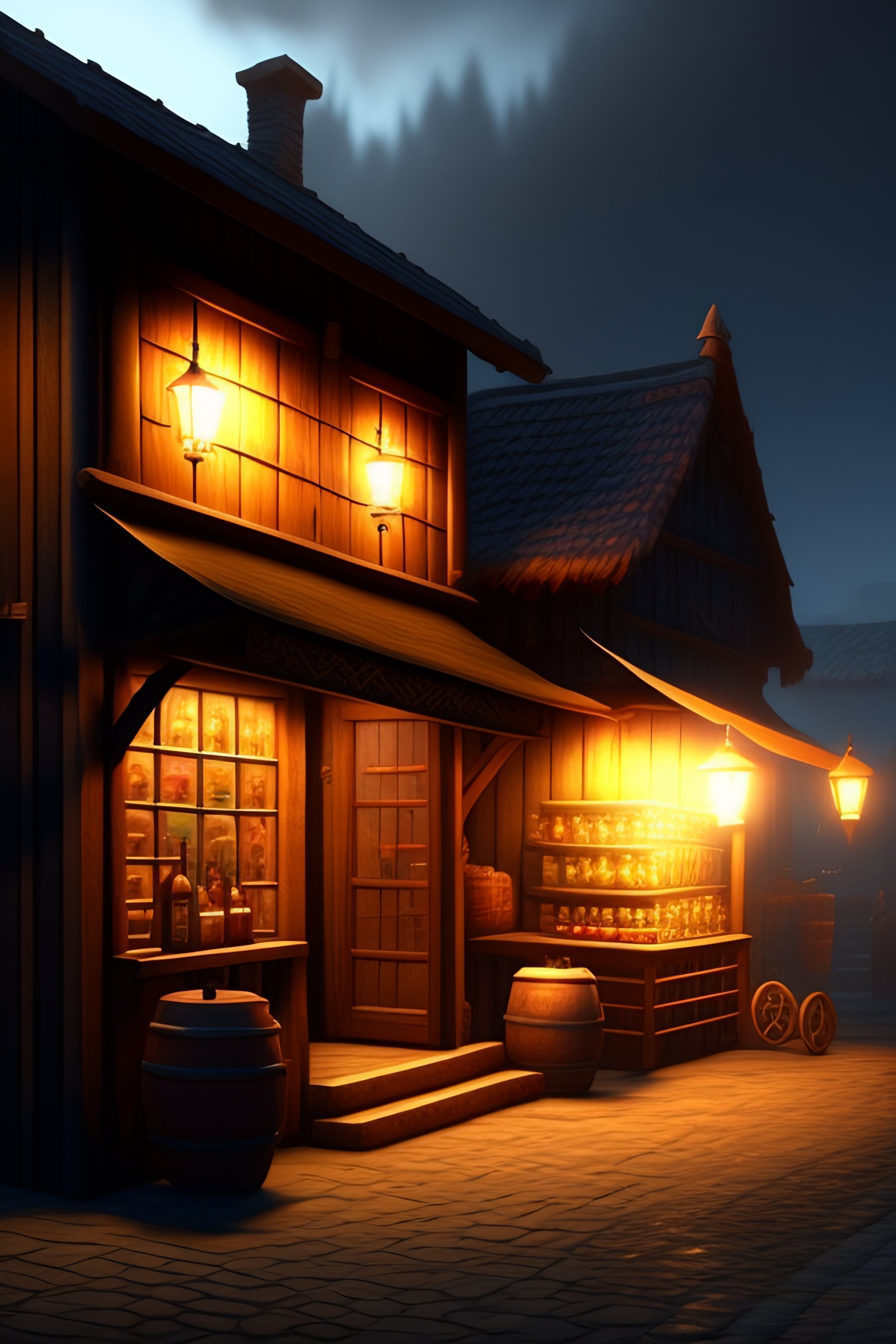 Lexica - Dimly lit medieval fantasy Merchants store, volumetric ...