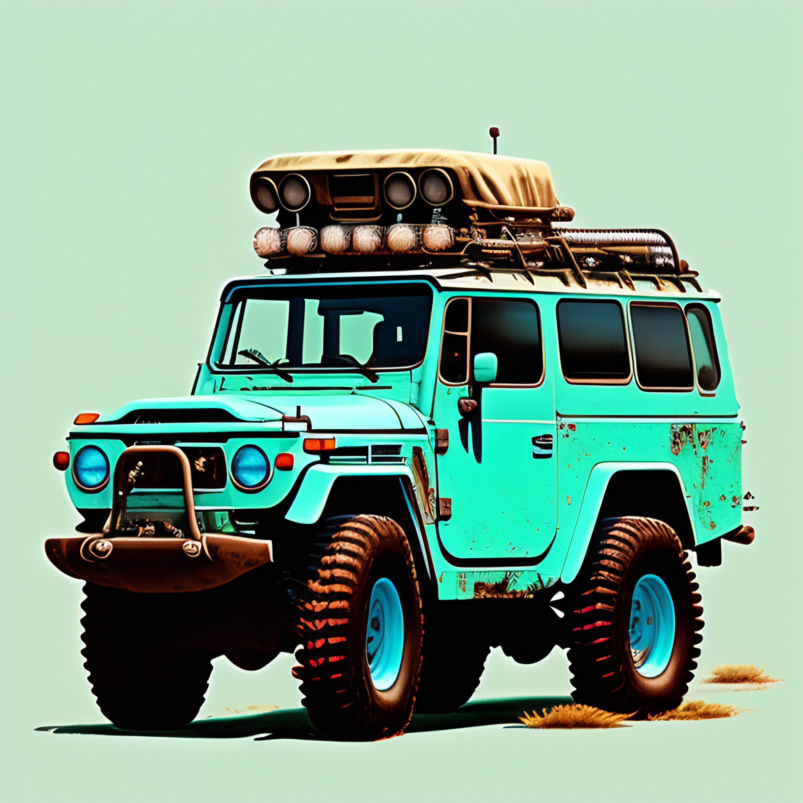 Lexica - Digital illustration of a faded cyan mad max's fj 4 0 decrepit ...