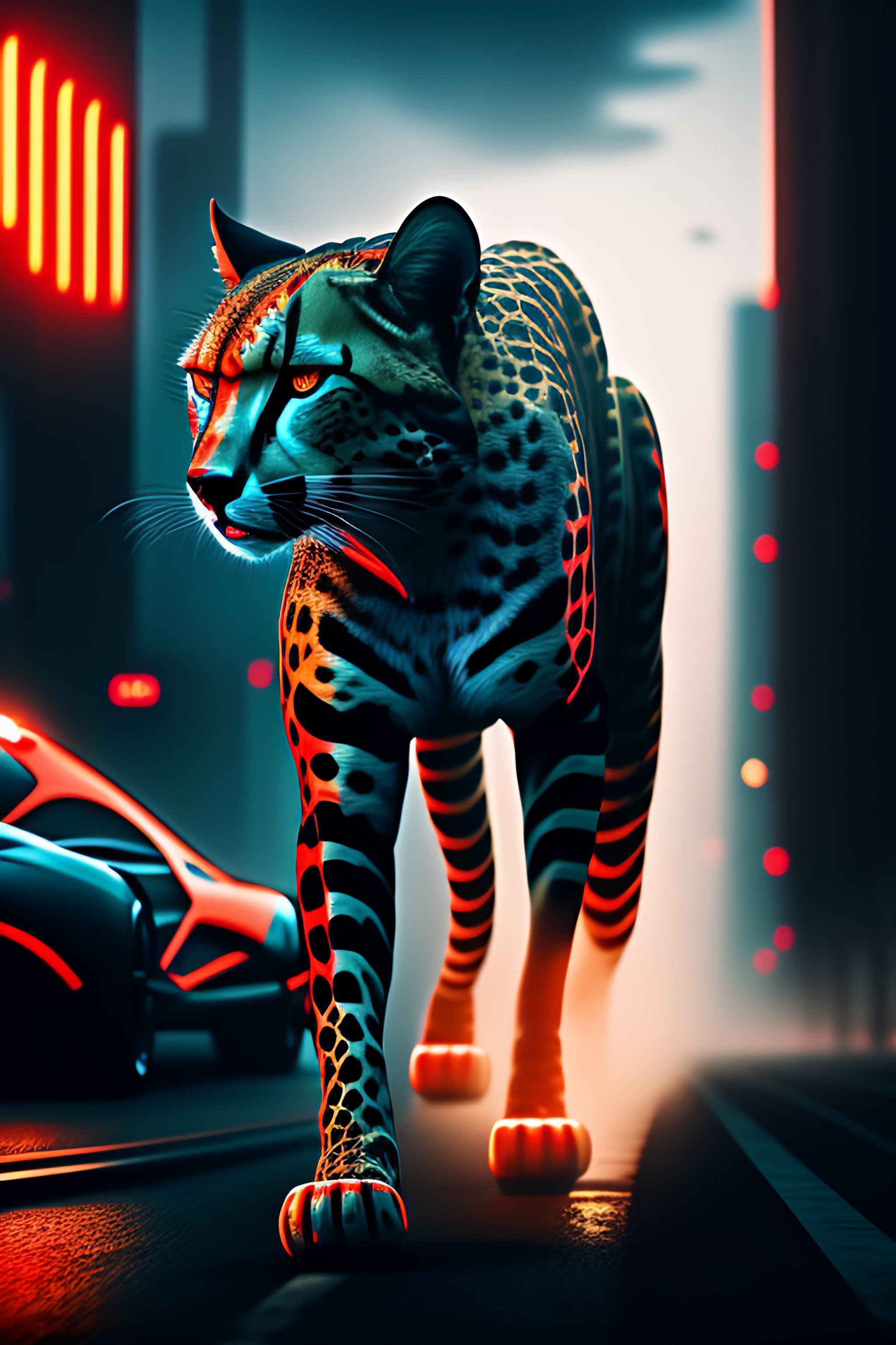 Lexica - Mecha cheetah running the city, cyber punk, destroyed city ...