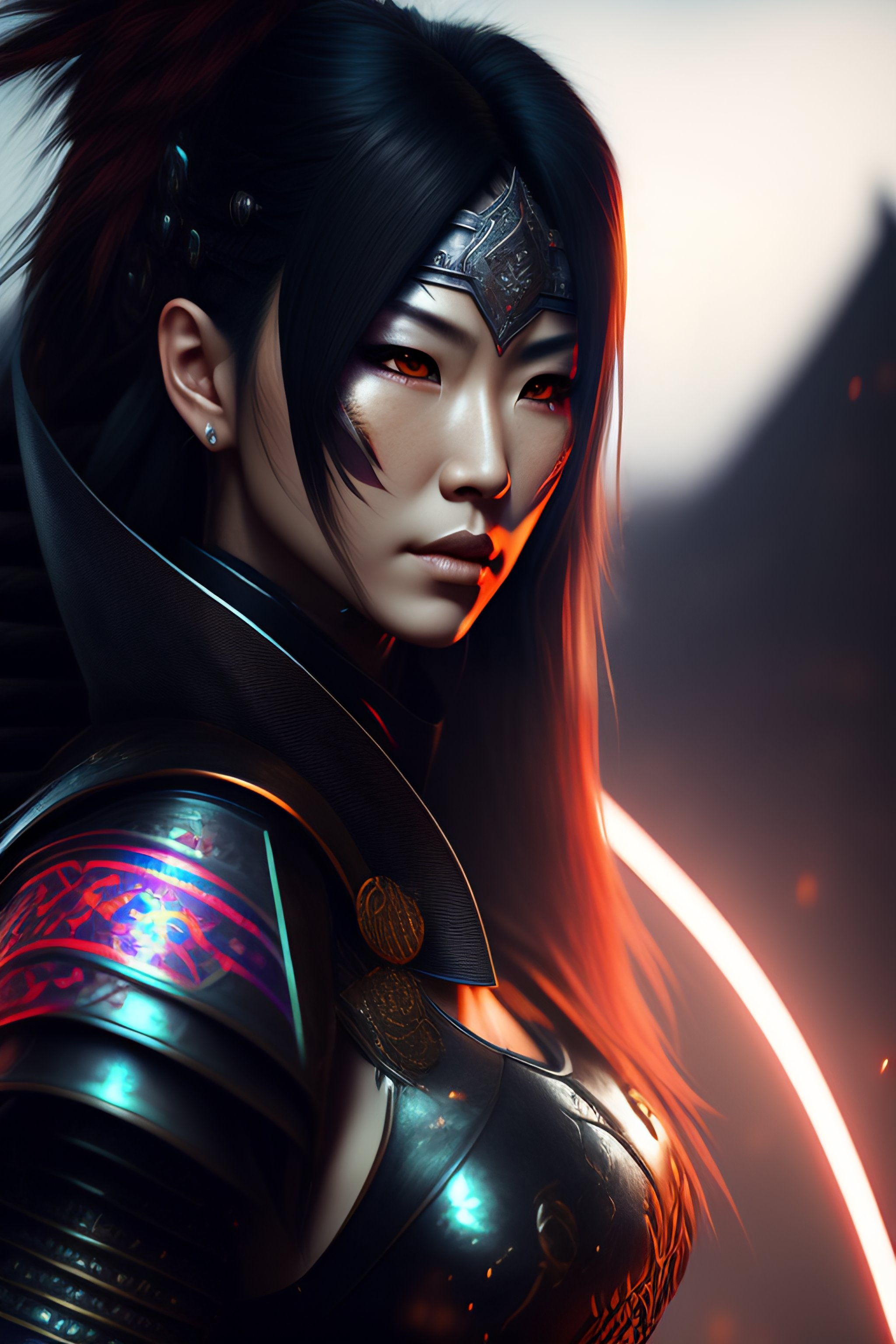 Lexica - A female warrior, samurai cyberpunk, fullmoon background ...