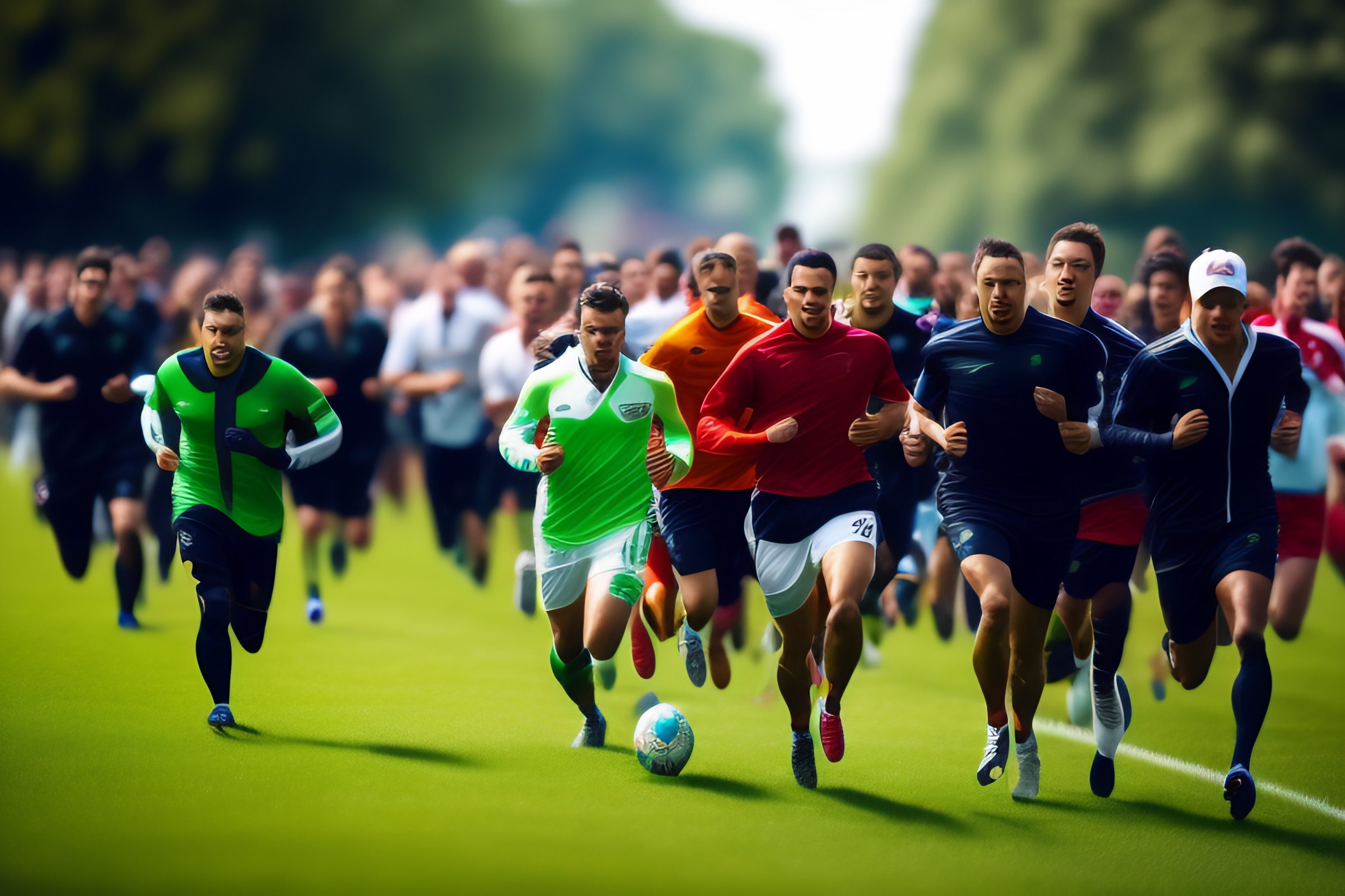 Lexica - Background full of people chasing, front view, green grass ...