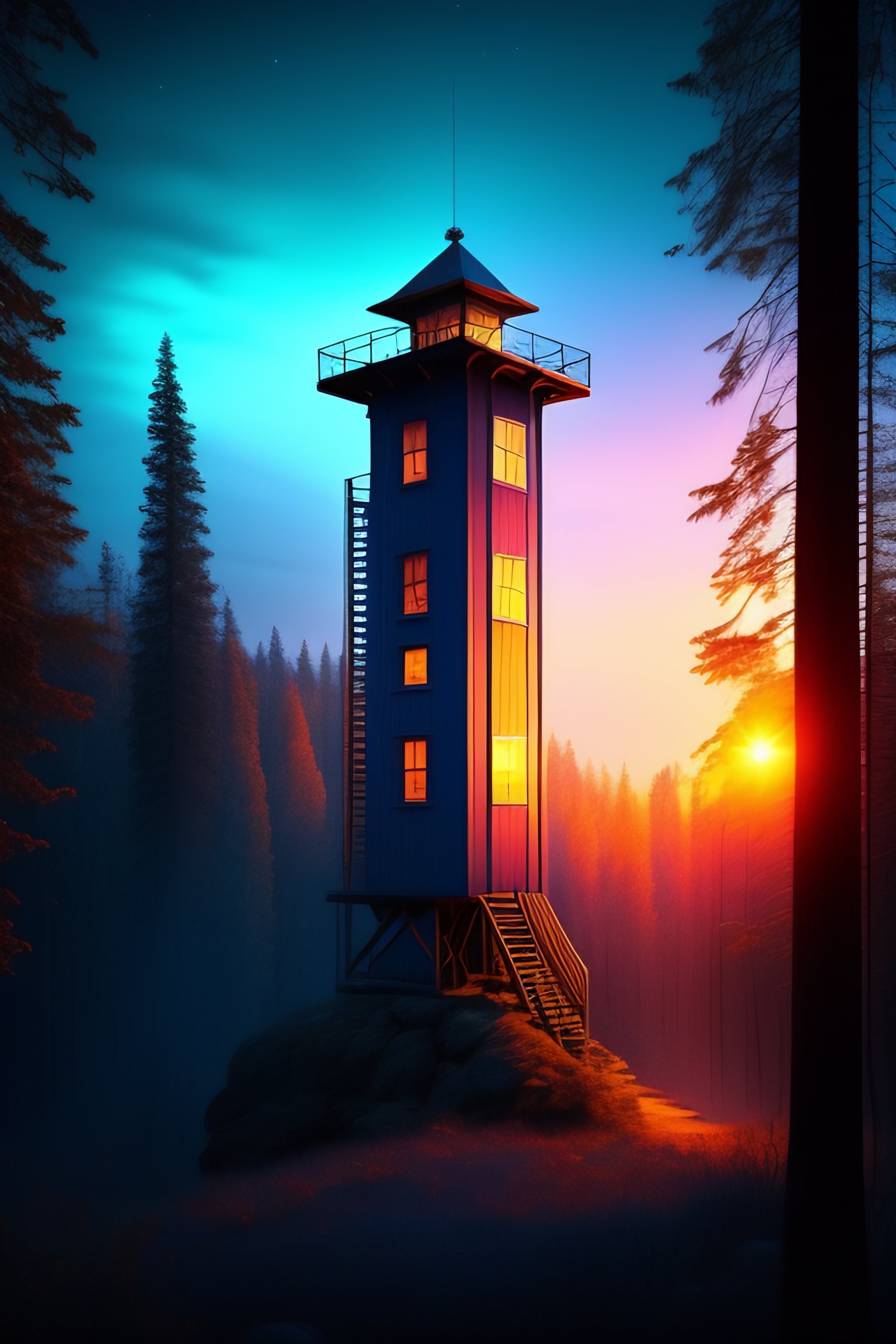 Lexica - A firewatch tower in the middle of the forest, in the night ...