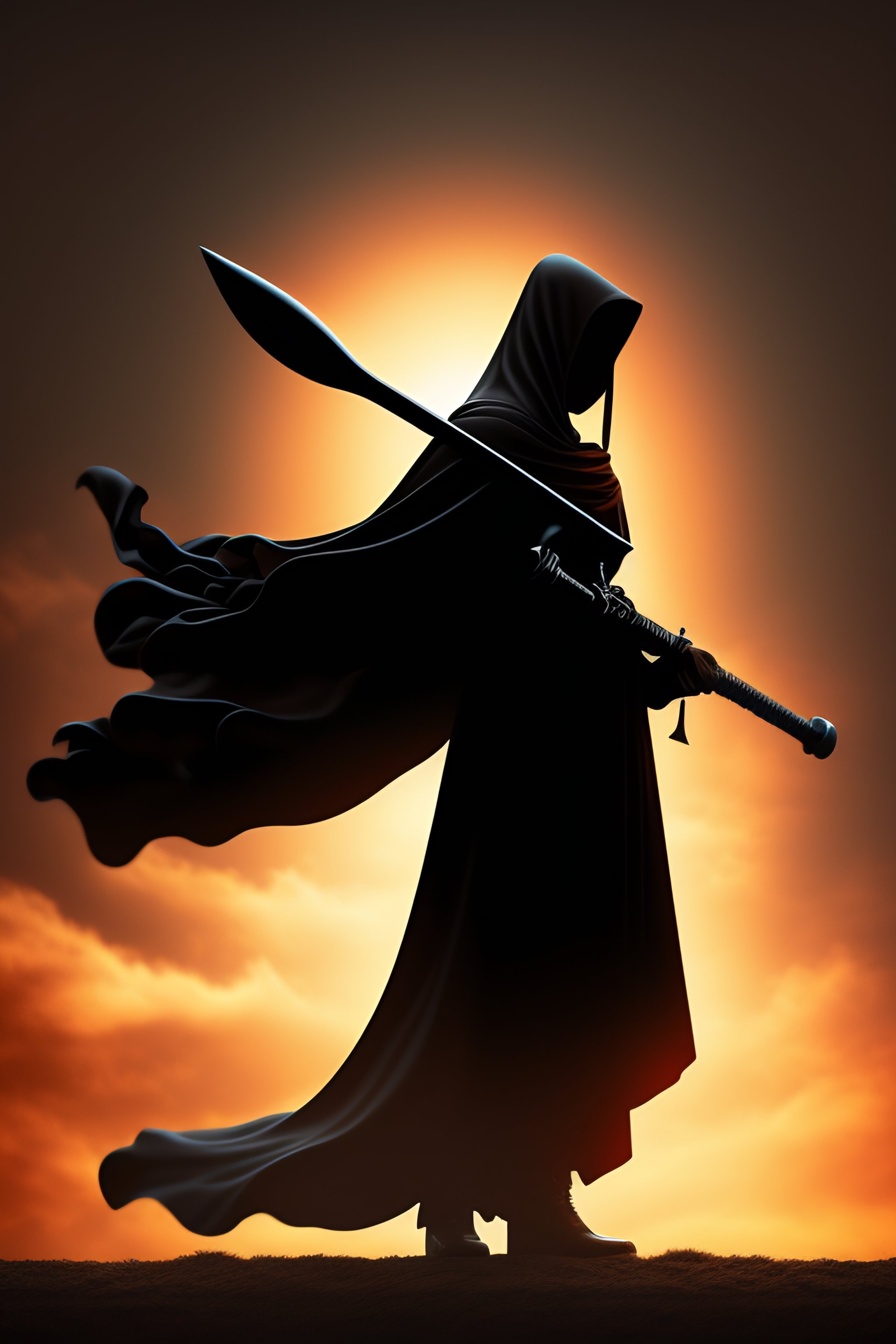 Lexica - Black cloaked dark silhouette holding a grim reaper scythe