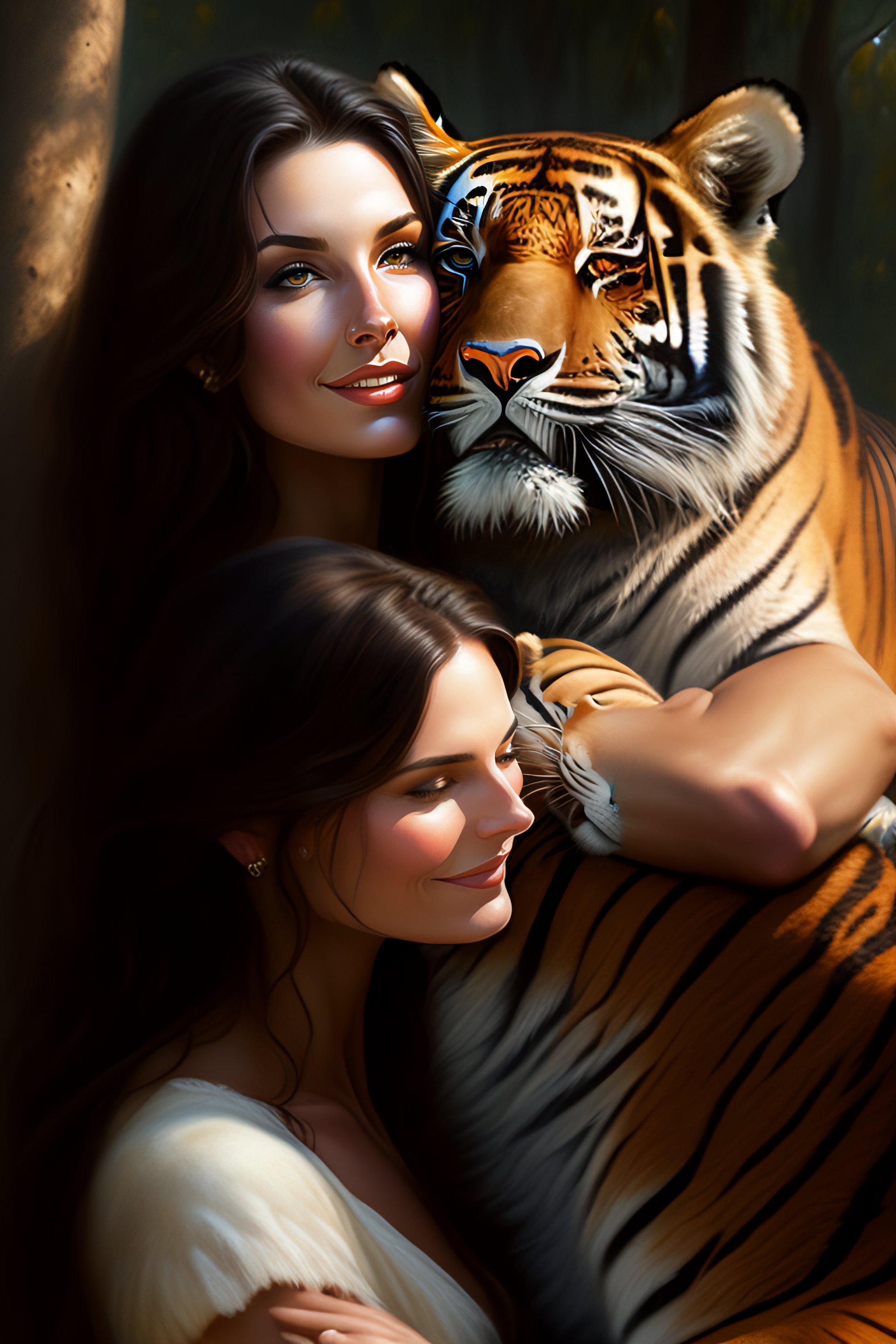 Lexica - A detailed portrait of a cute calm brunette woman hugging a tiger illustrator, by ...