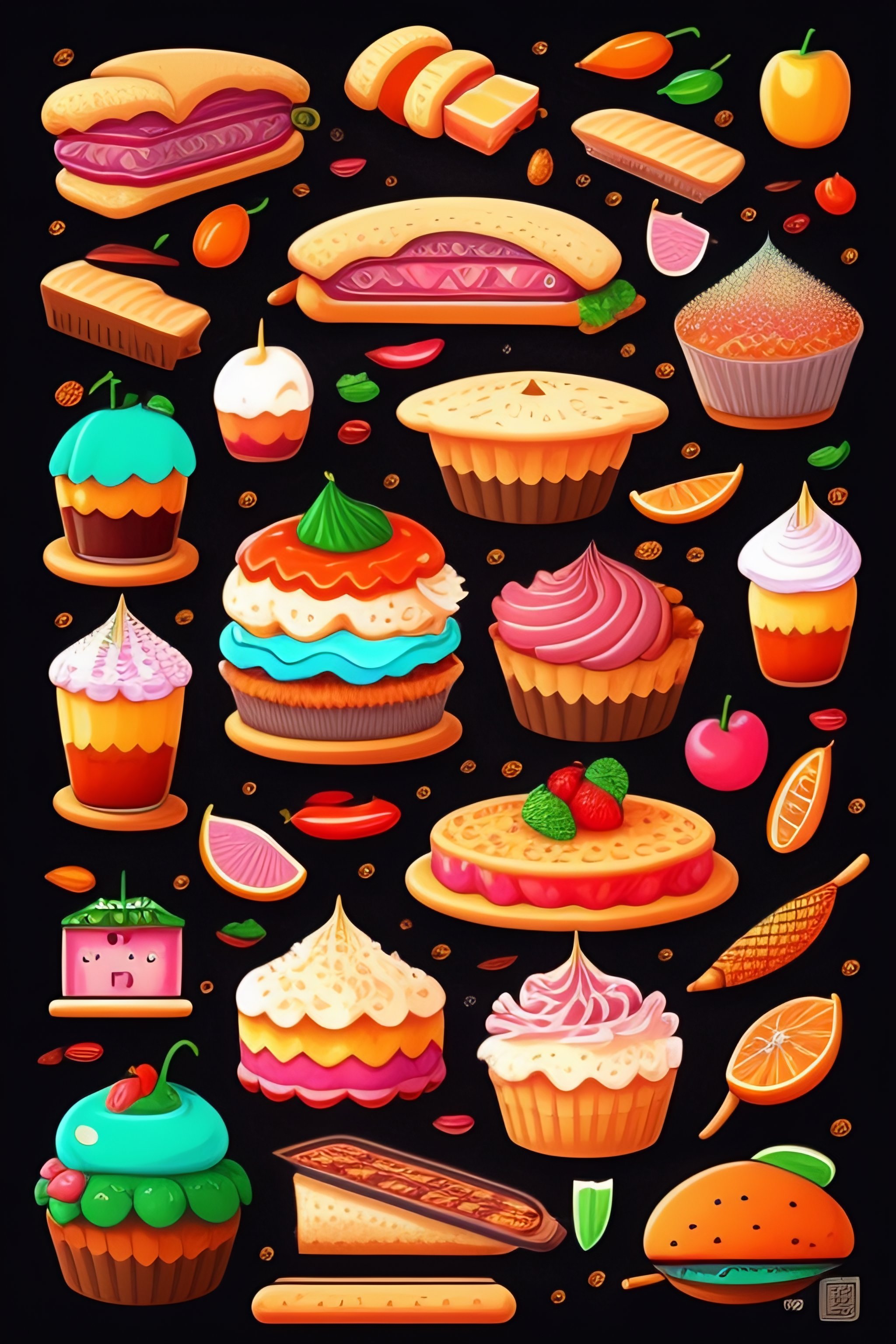Lexica - Colorful, kawaii chibi food items on pale black paper, very ...