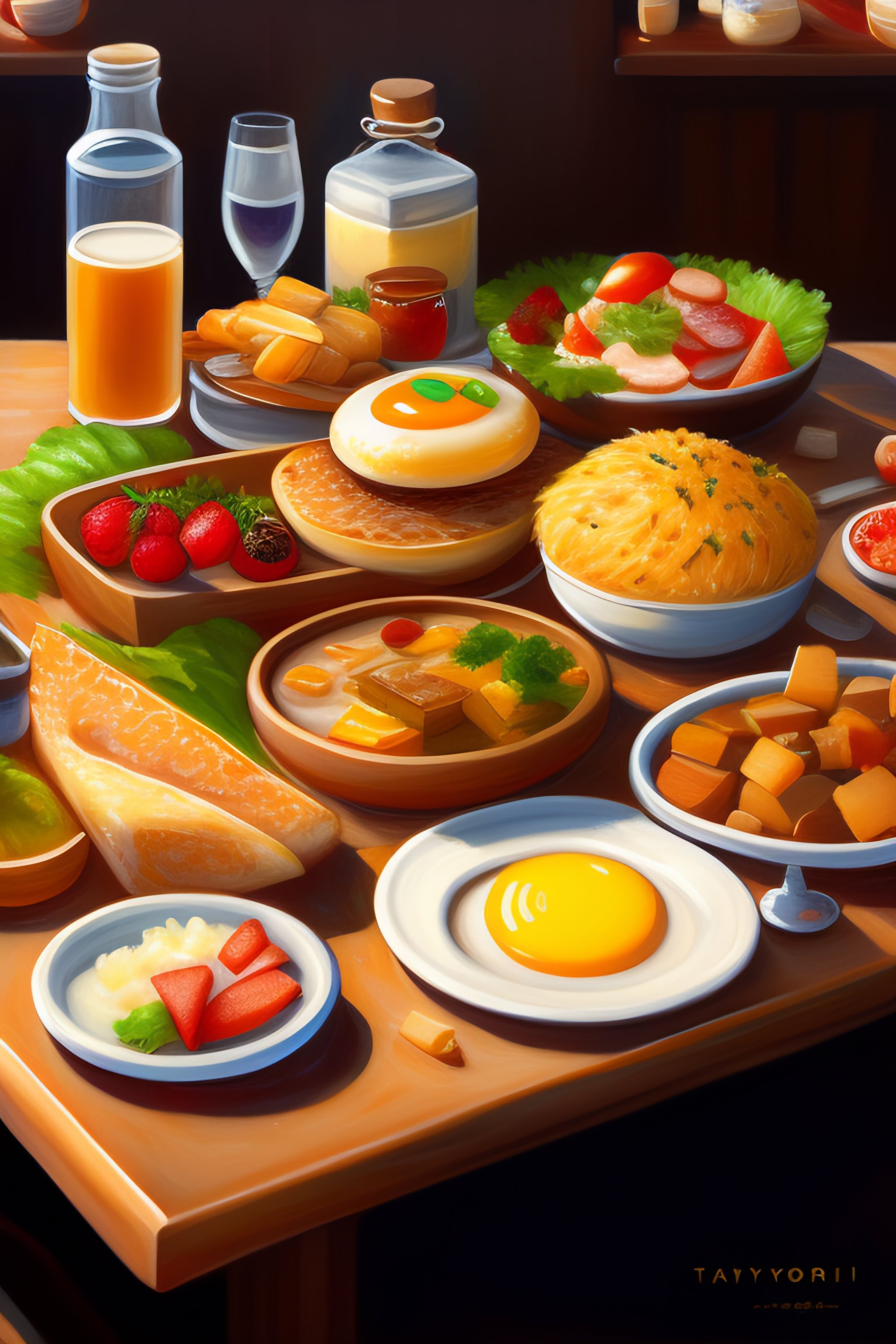 Lexica - A painting of a table full of breakfast foods, concept art by ...