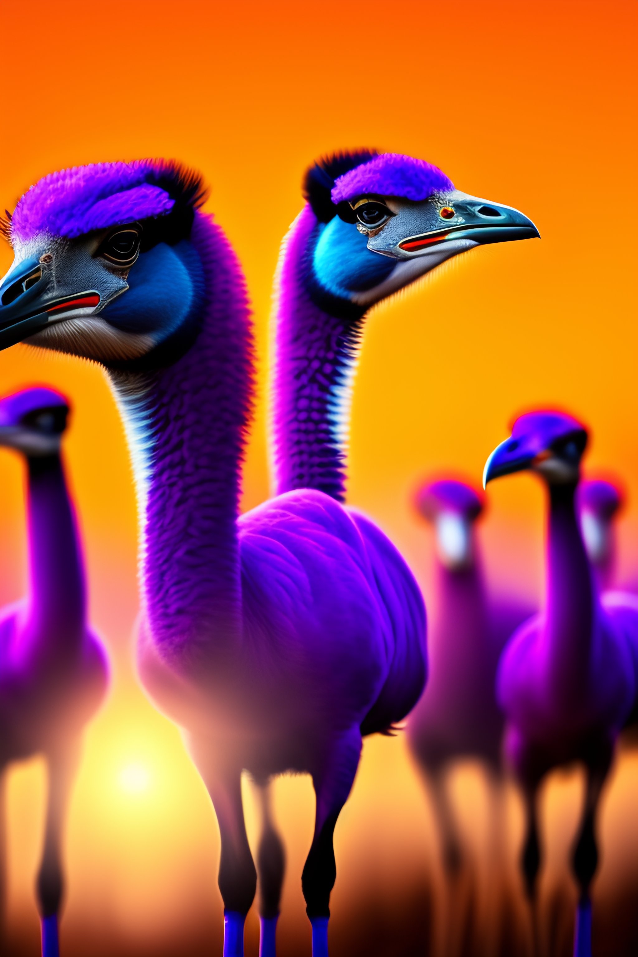 Lexica - Purple ostriches sending orange bitcoin over the lightning network to bitcoin twitter