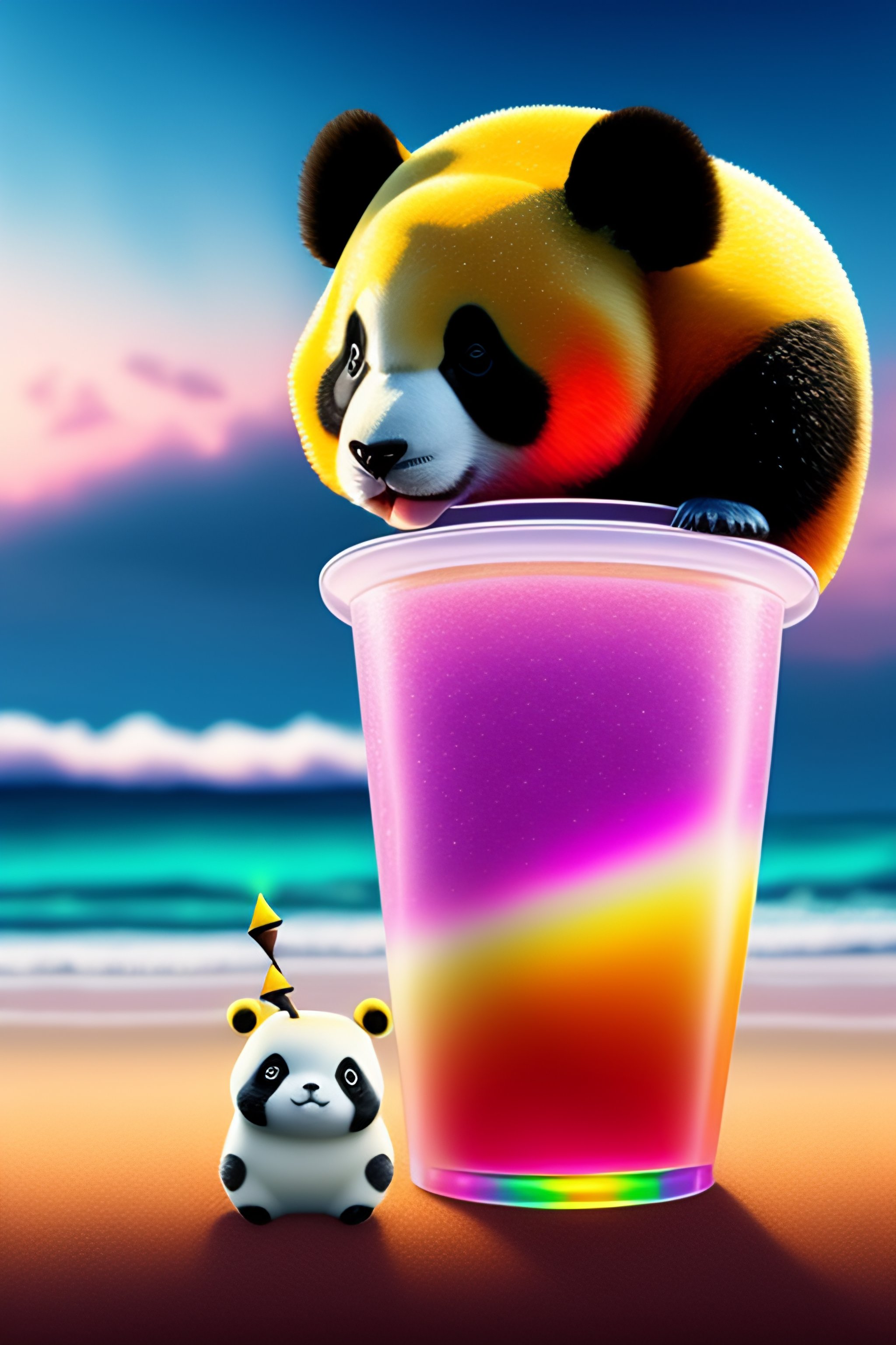 Lexica - Pikachu drinking bubble tea with a cute giant panda on a beach ...