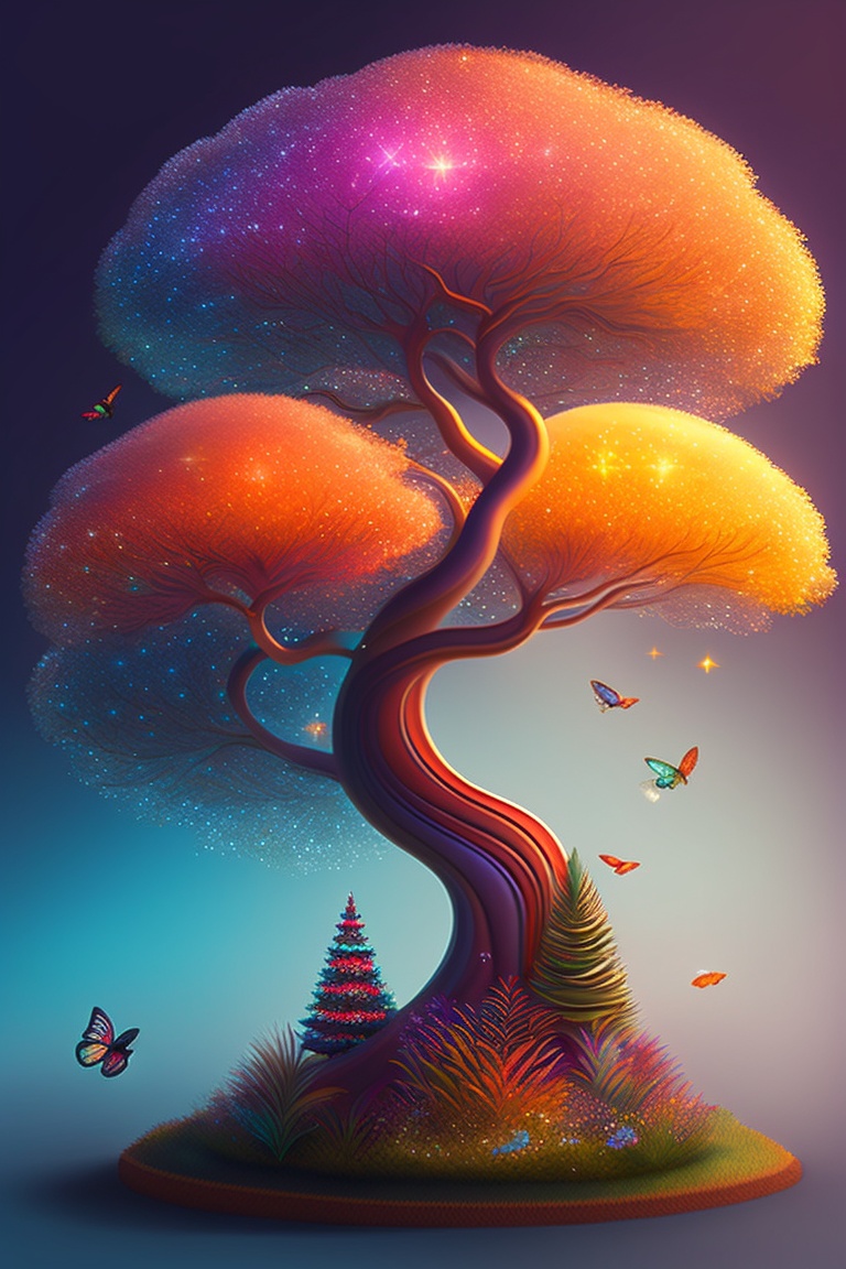 Lexica - Stylized tree, delicate branches, vivid leaves, fantasy ...