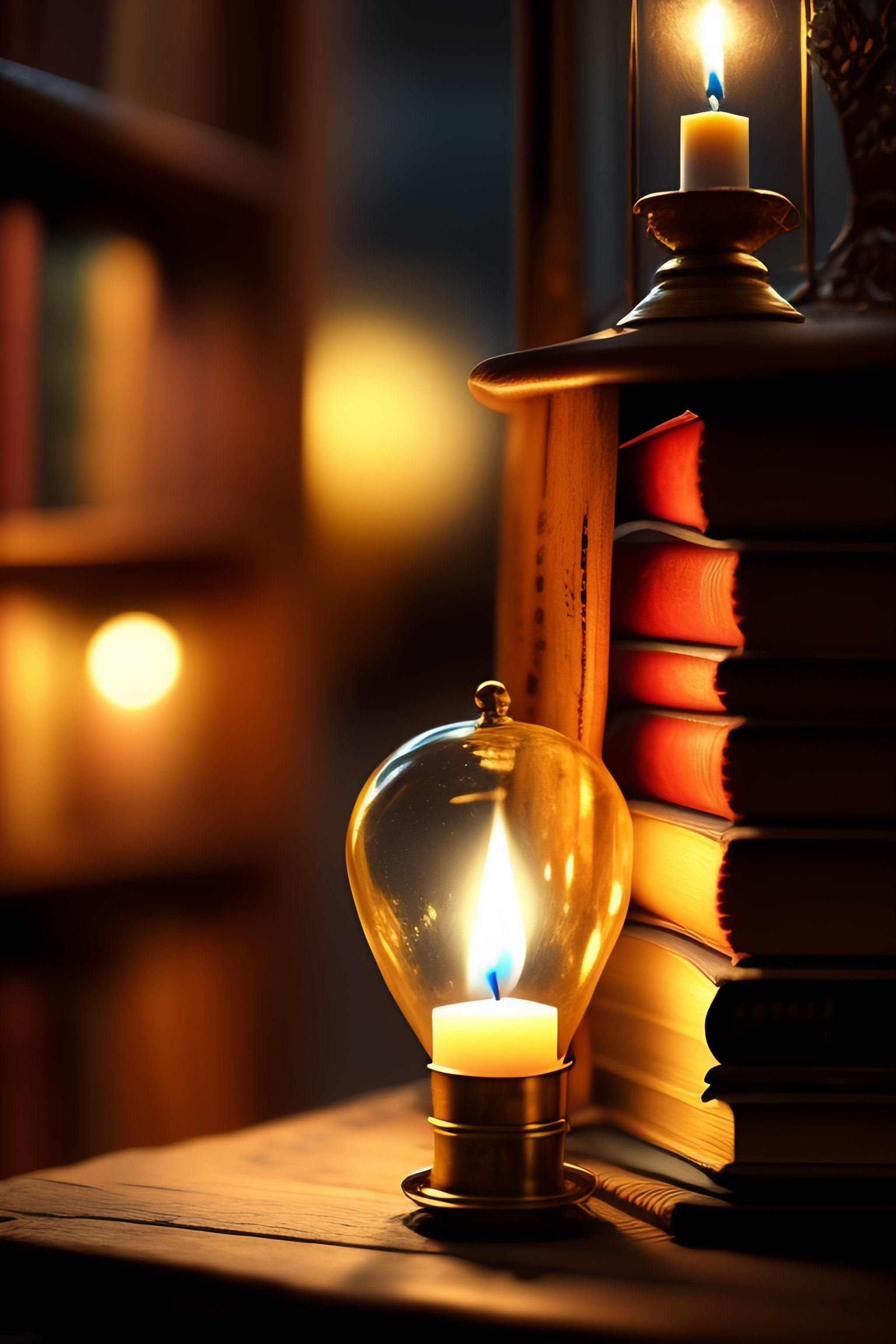 Lexica - Old bookstore, dusty, candlelit, rustic, metal brass,