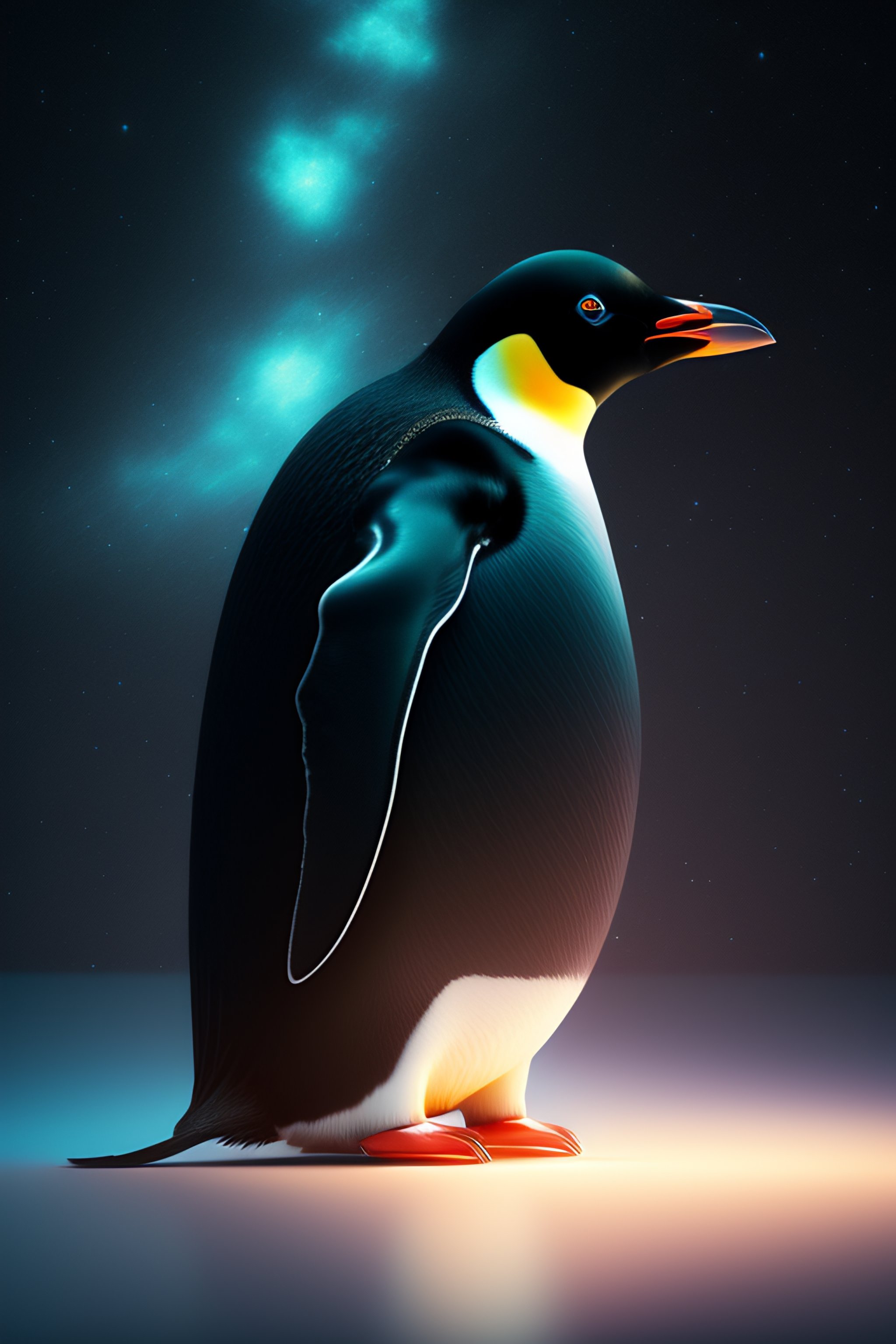 Lexica - Headless penguin in space volumetric lighting 8k octane render