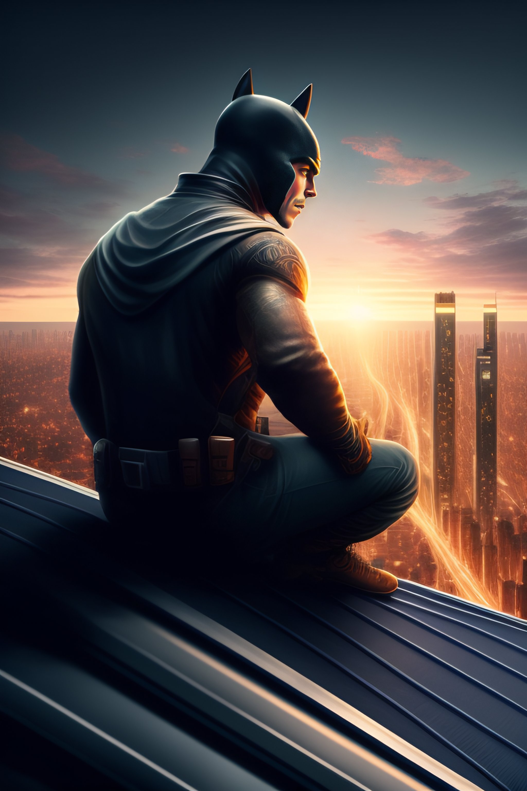 Lexica - Batman sitting on a roof looking down at a city below ...