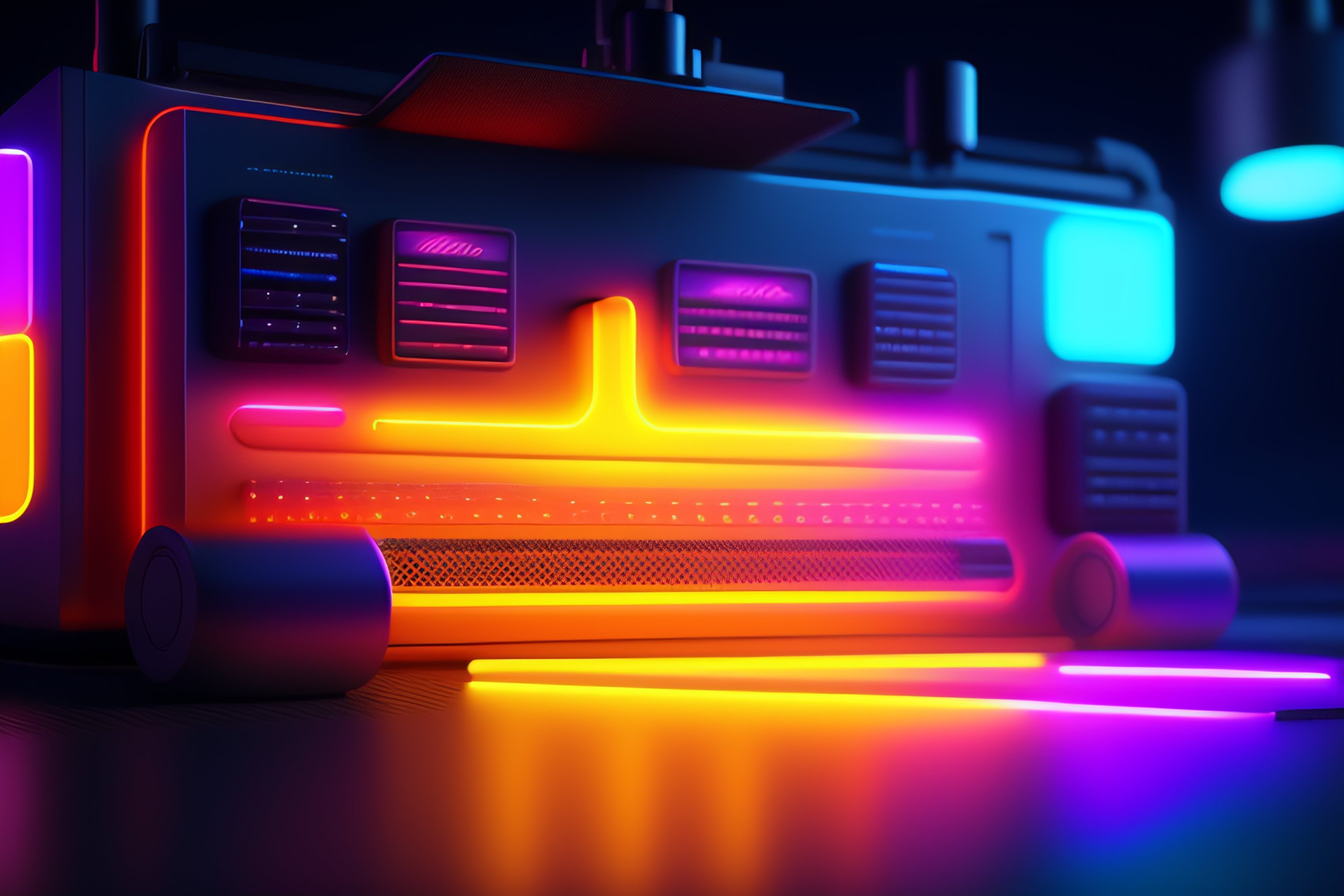 Lexica - Epic neon soundboard, 3D octane render