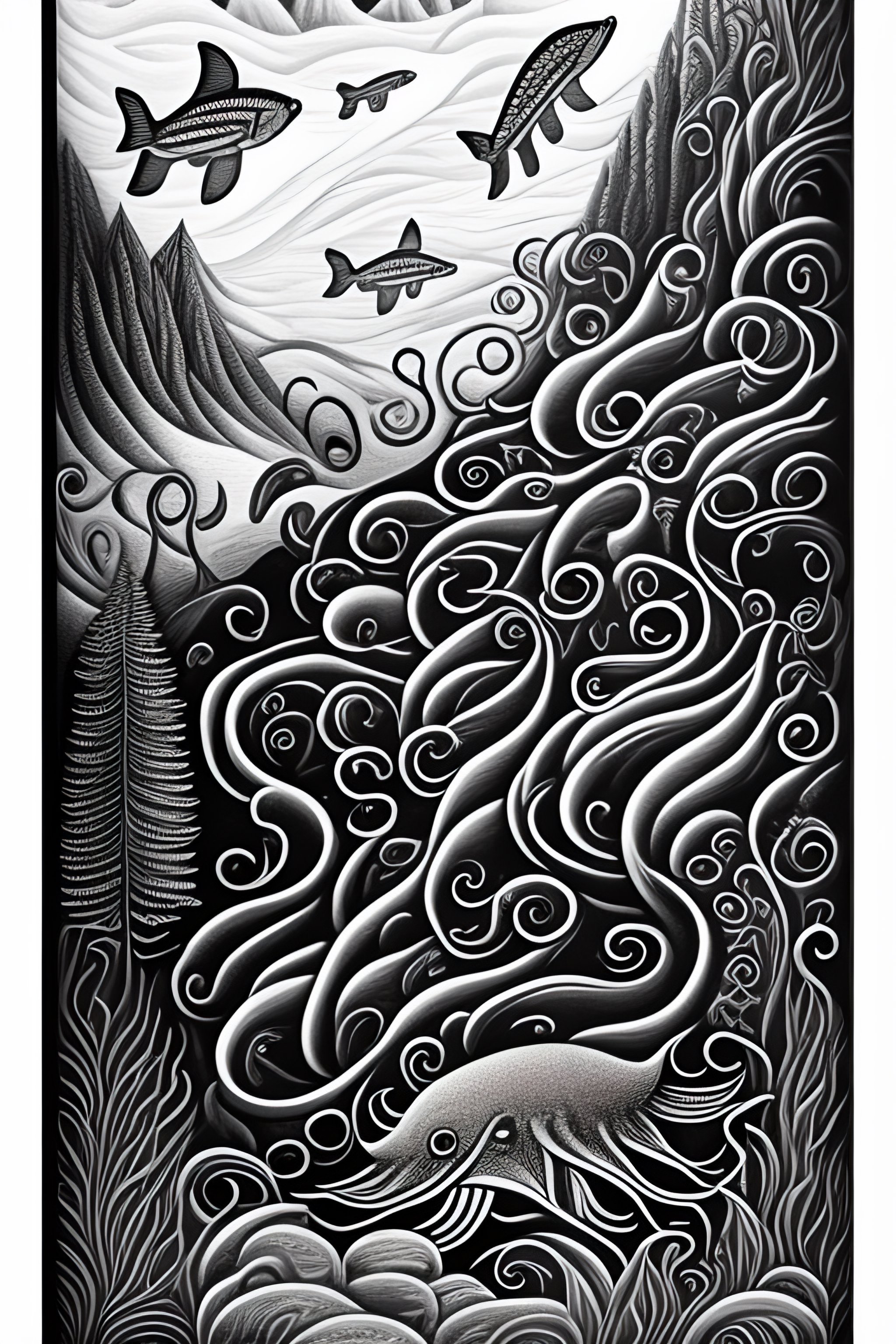 Lexica - Octopus flowers mountain school of fish pencil strokes black ...