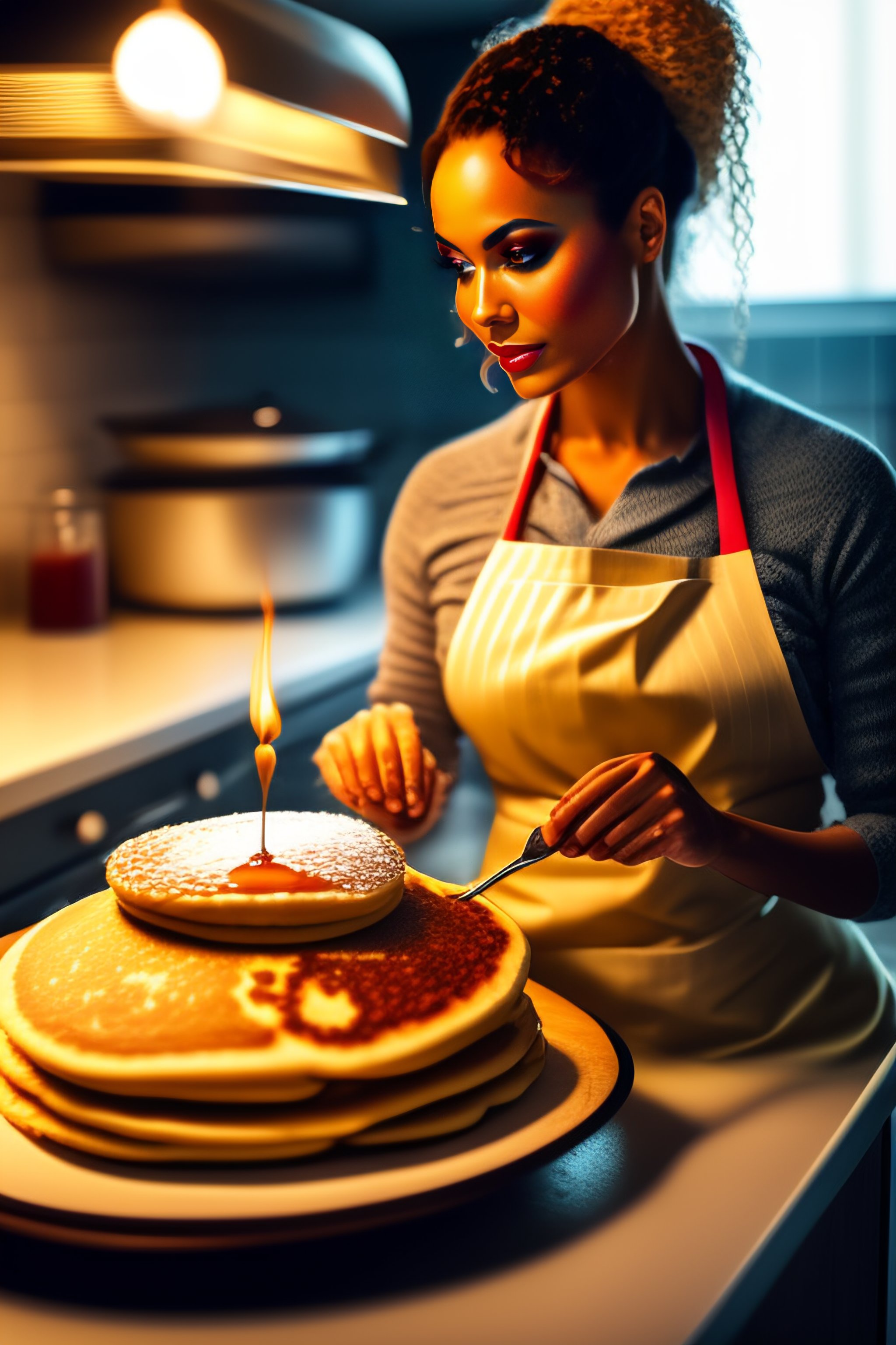 Lexica - Female Lucifer from Helltaker in the Kitchen making pancakes