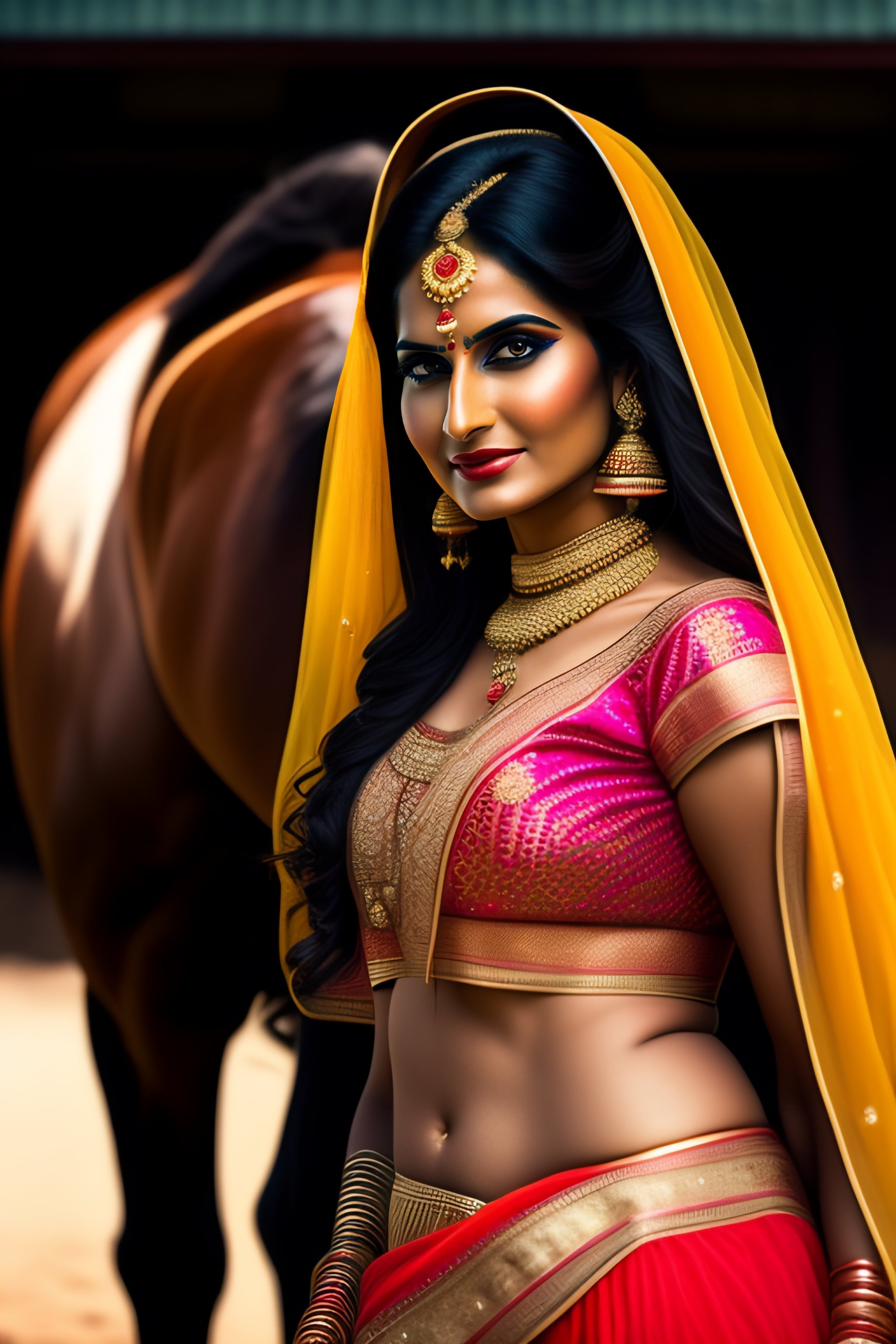 Lexica - Indian Punjabi female wearing lehenga posing with a gun riding a horse