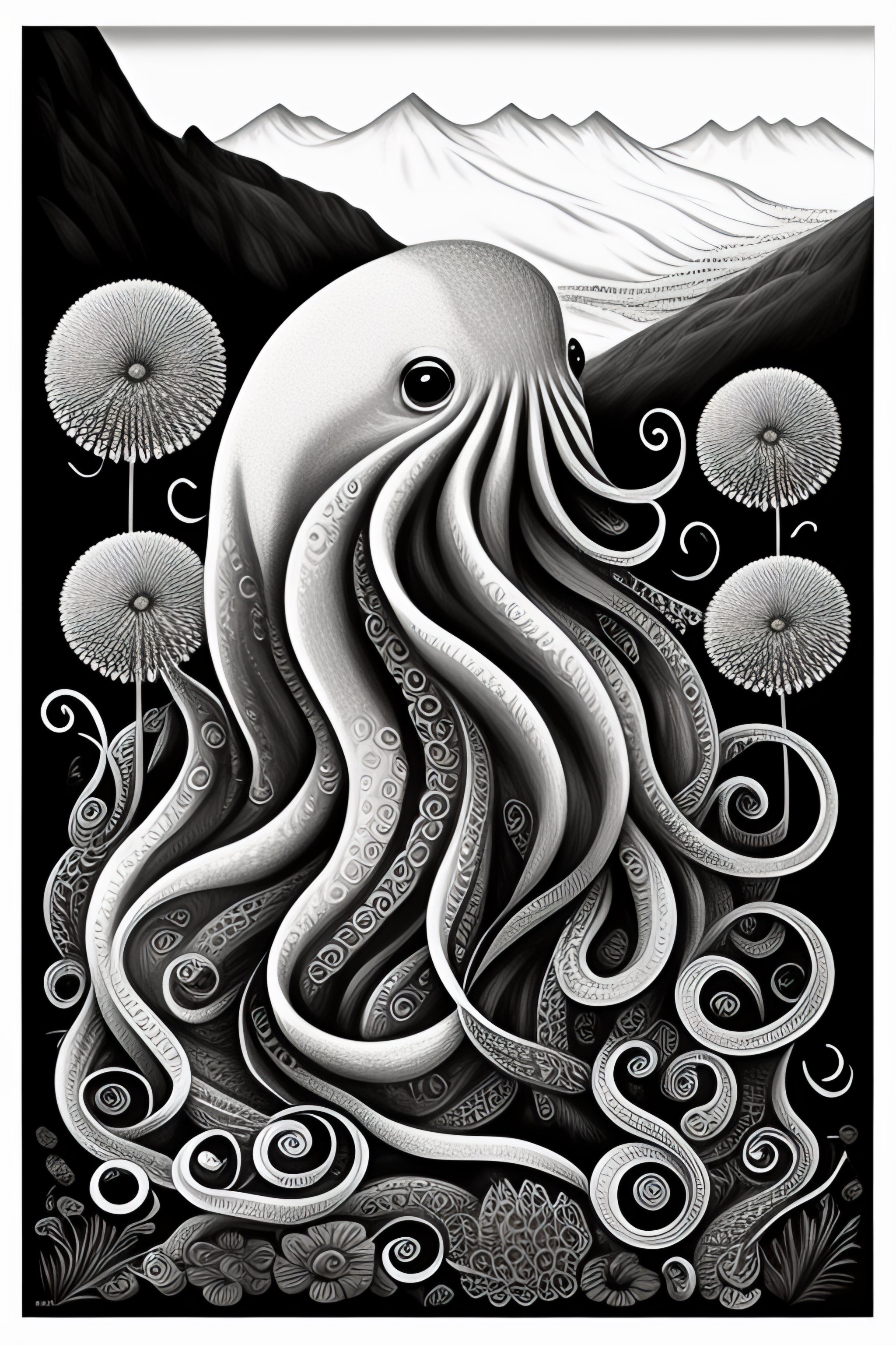 Lexica - Octopus flowers mountain school of fish pencil strokes black ...