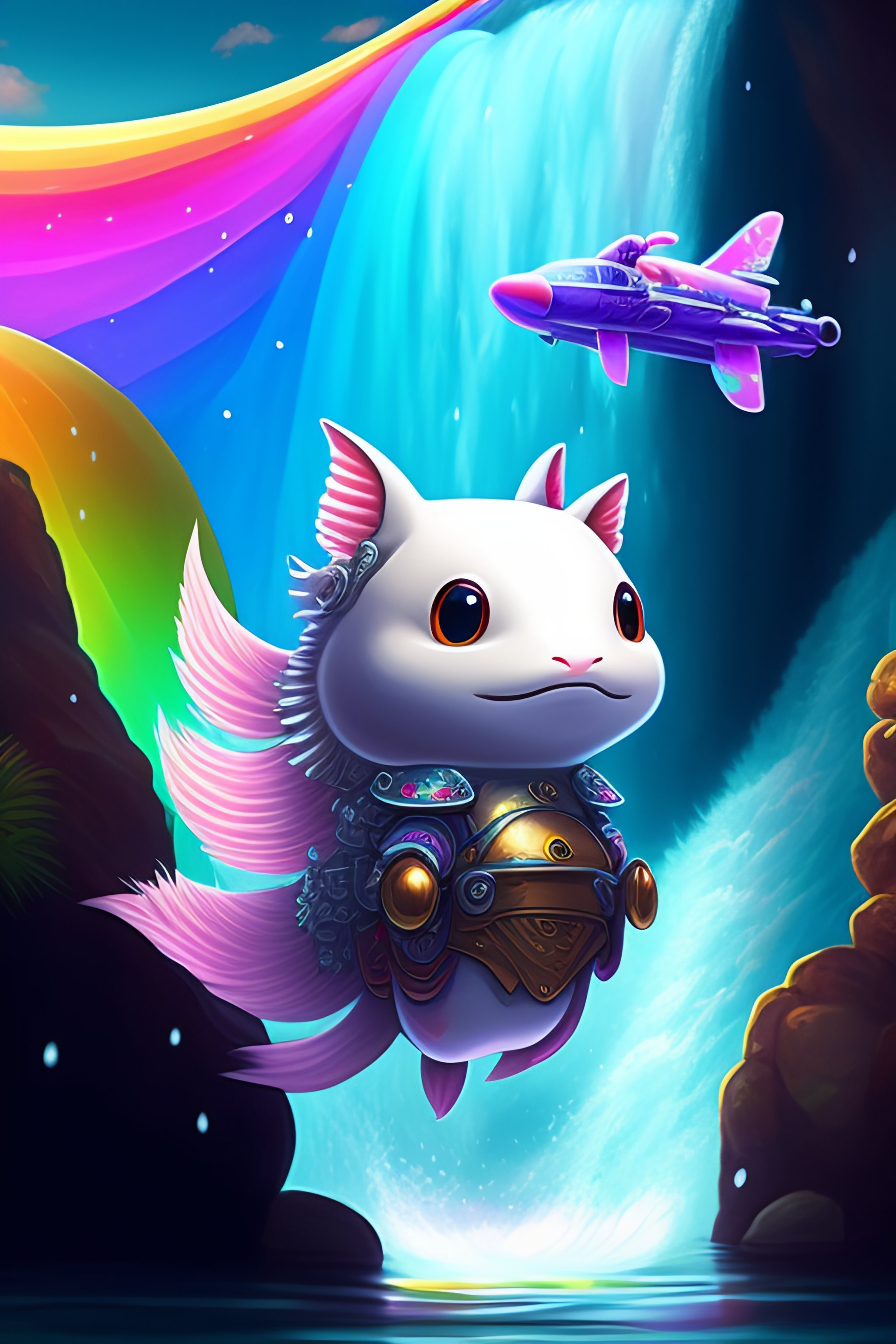 Lexica - Axolotl airplane mech warrior chibi armor big manga eyes ...