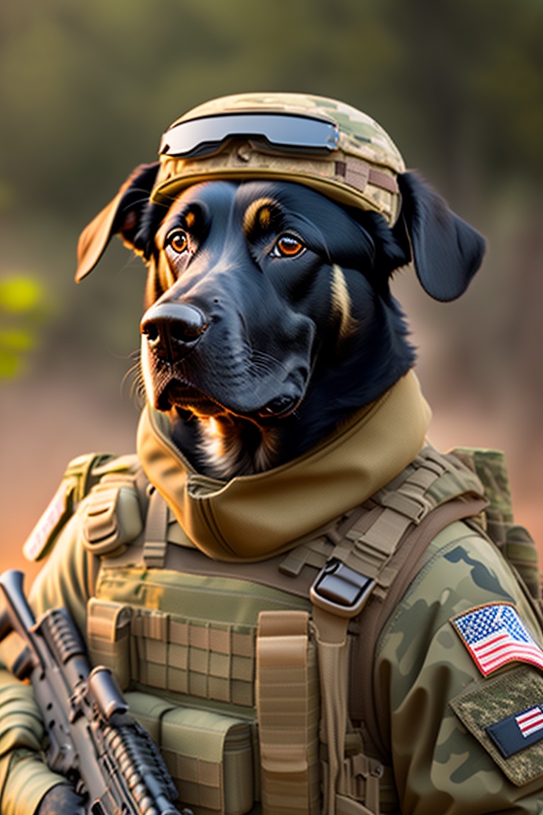 Lexica - A black dog soldier wearing a camo uniform, armed with an AR-15