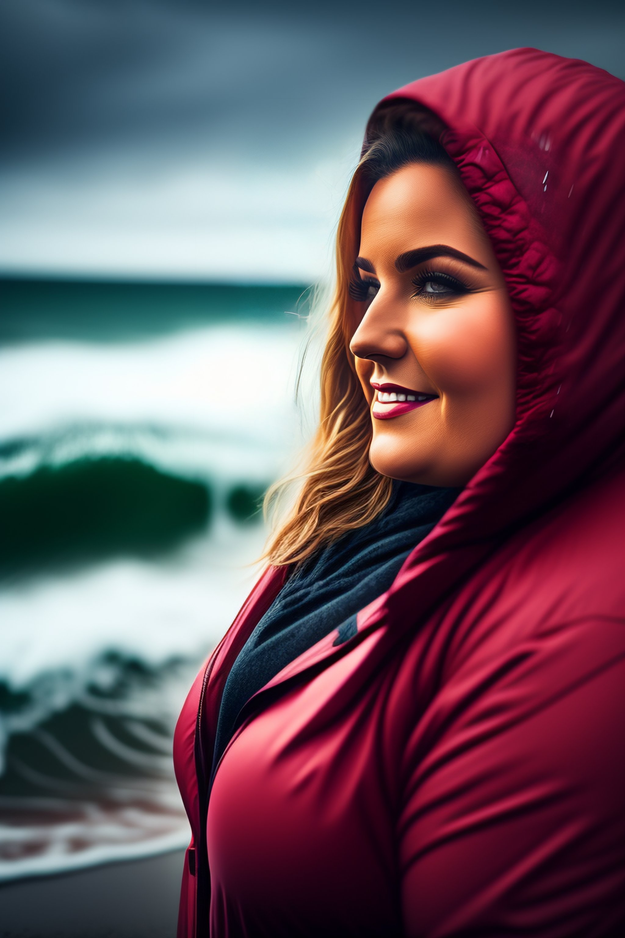 Lexica - Full-figured shapely Swedish woman wearing wet hoodie, stormy ...