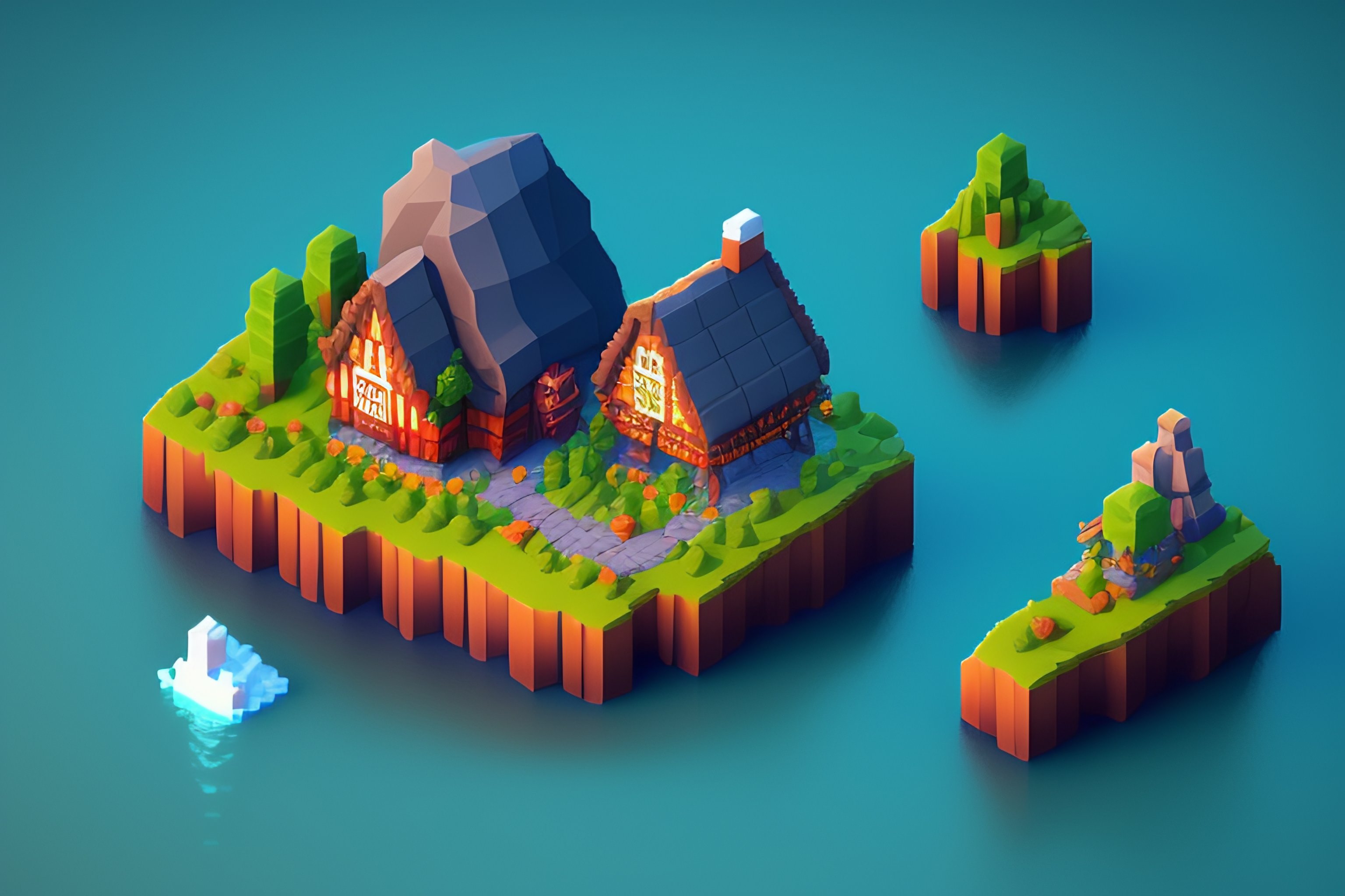 Lexica - Isometric fjords and norway town, unreal engine voxel render, pixel art