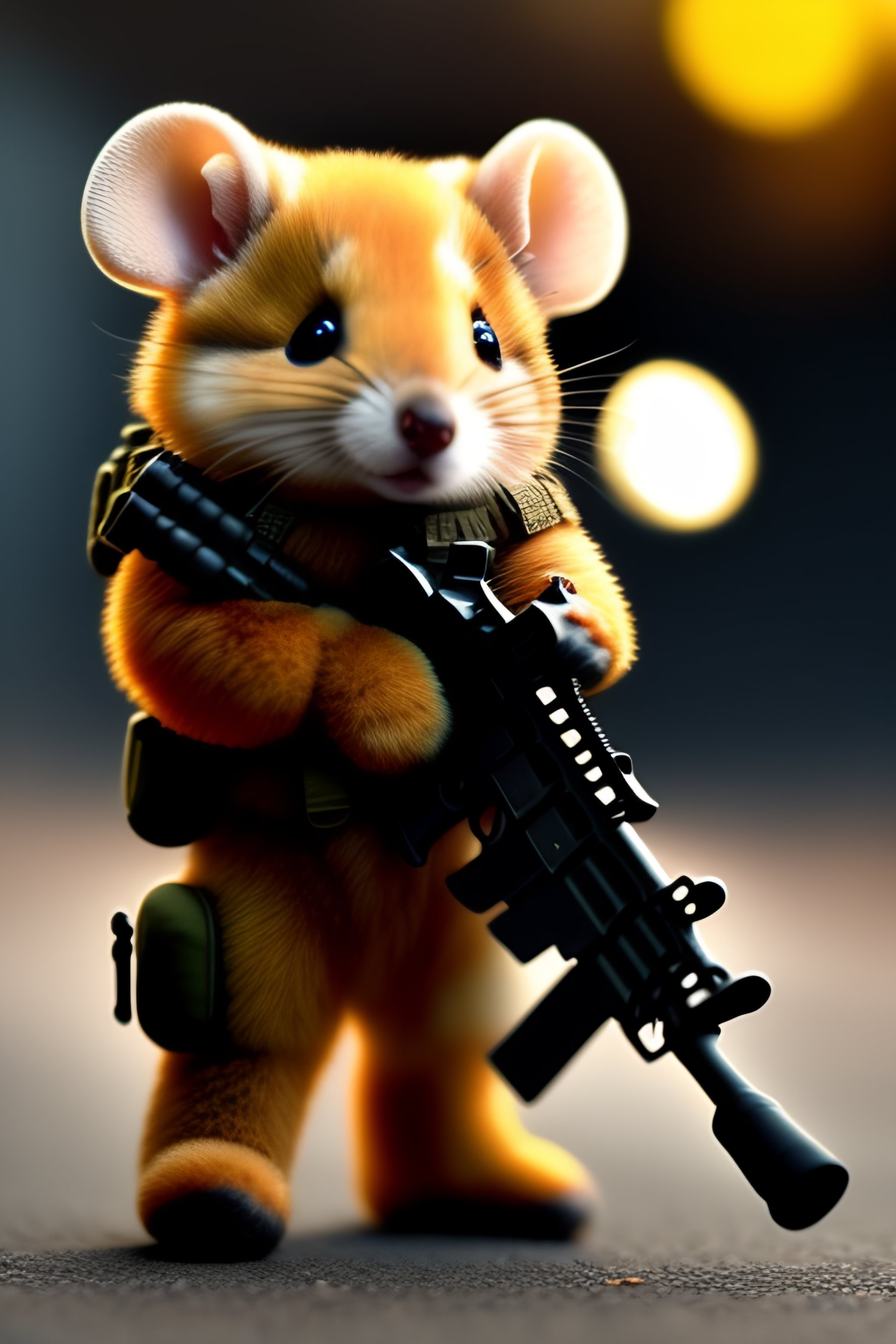 Lexica - A cute fluffy tiny mouse holding an AR-15 assault rifle.