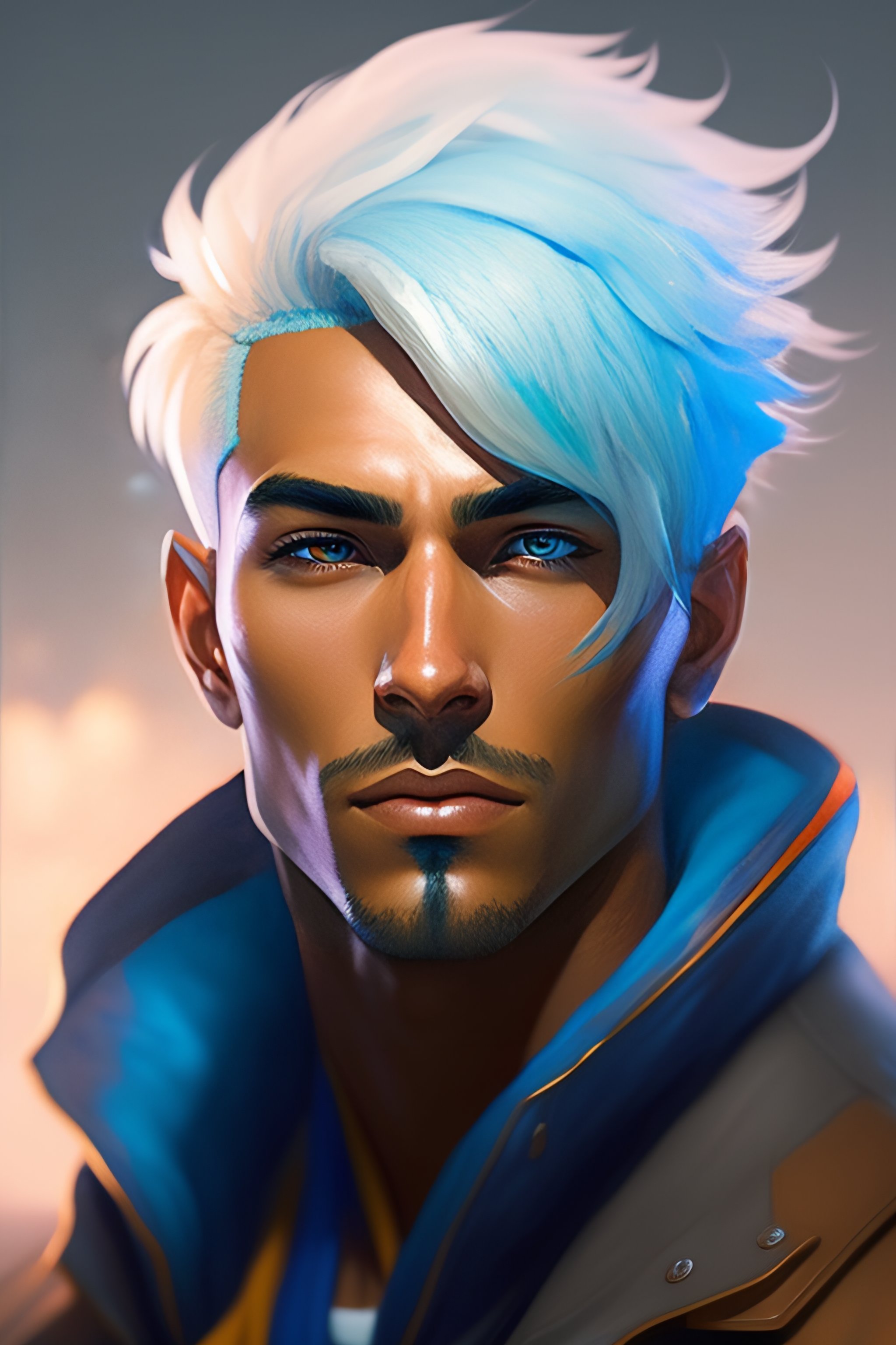 Lexica - A portrait of a fake tan male scientist with cyan blue hair by ...